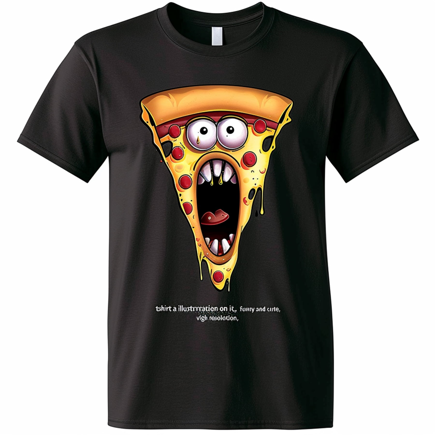 Scared Pizza Slice Funny Illustration Black TShirt Vibrant Colors White ...
