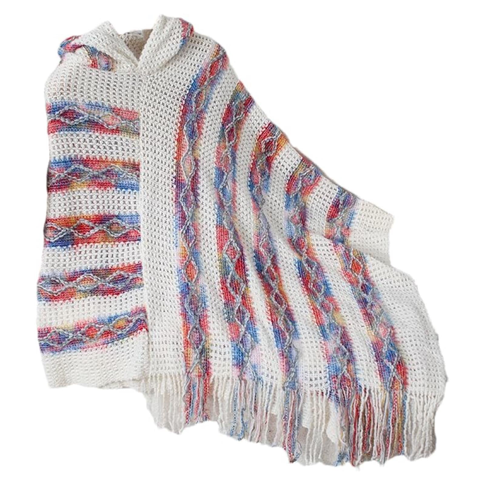 Scarf For Women Winter Hooded Poncho Long Fringe Capes Boho Knit Shawl ...