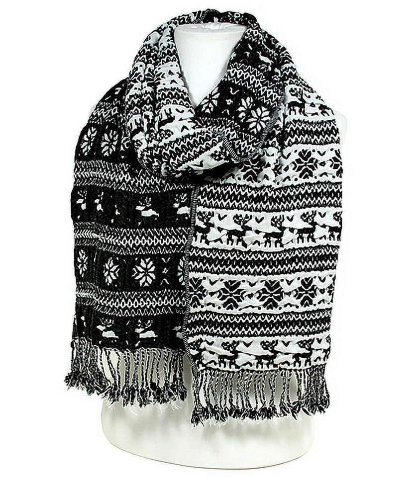 Scarf - Knitted Reversible Nordic Print w/ Fringes - Gray -SF-BL1171WM ...