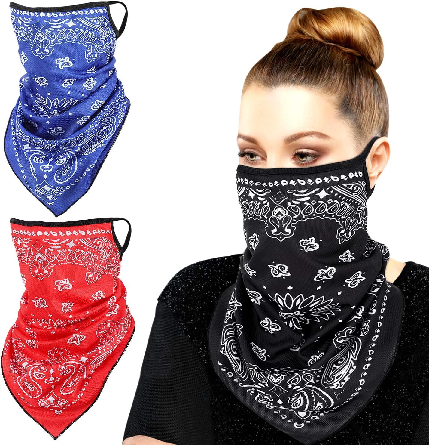 Scarf Mask Bandana with Ear Loops 3 Pack, Neck Gaiter Balaclava Dust UV ...