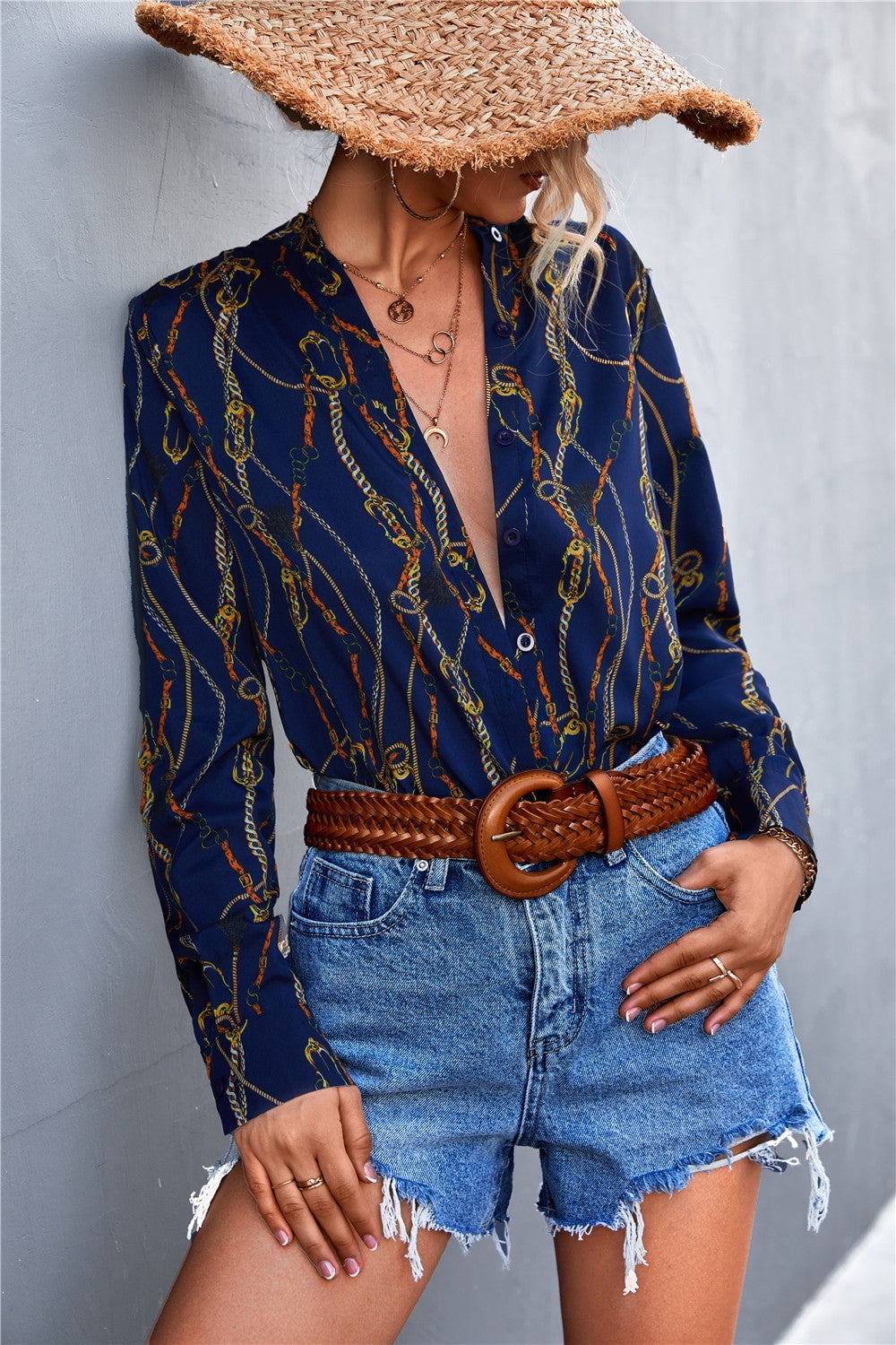 Scarf Print Button Down Blouse - Walmart.com
