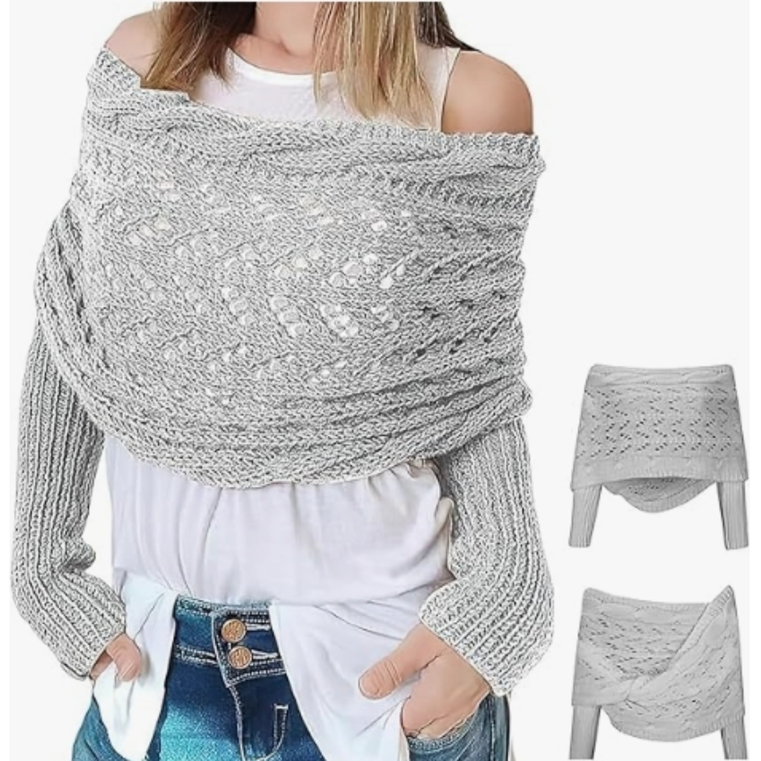 Scarf with Sleeves for Women, Knitted Cable Wrap, Double Sleeve Scarf ...