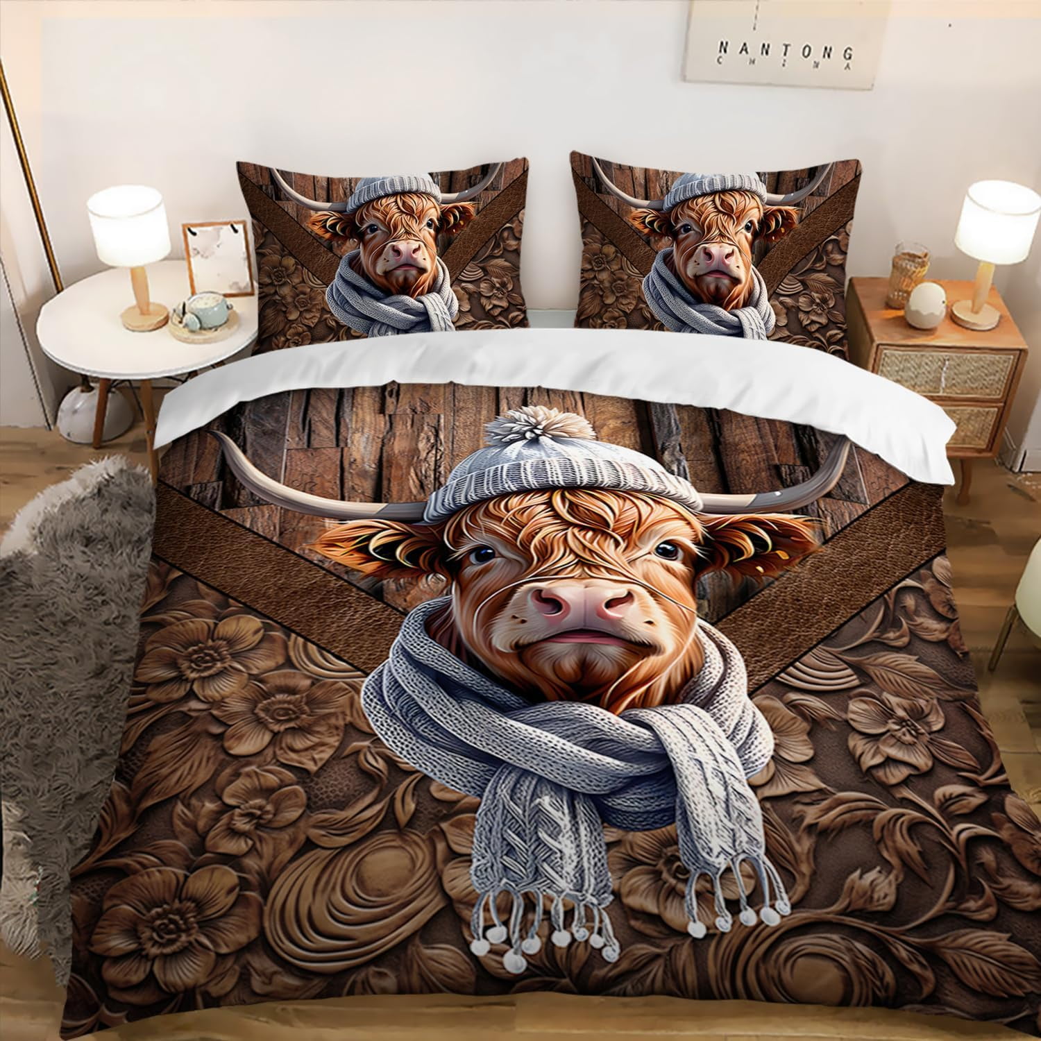 Scarf Yak Duvet Cover Set,Yak Animal Comforter Cover for Kids Girls Boys,Vintage Carved Theme ...