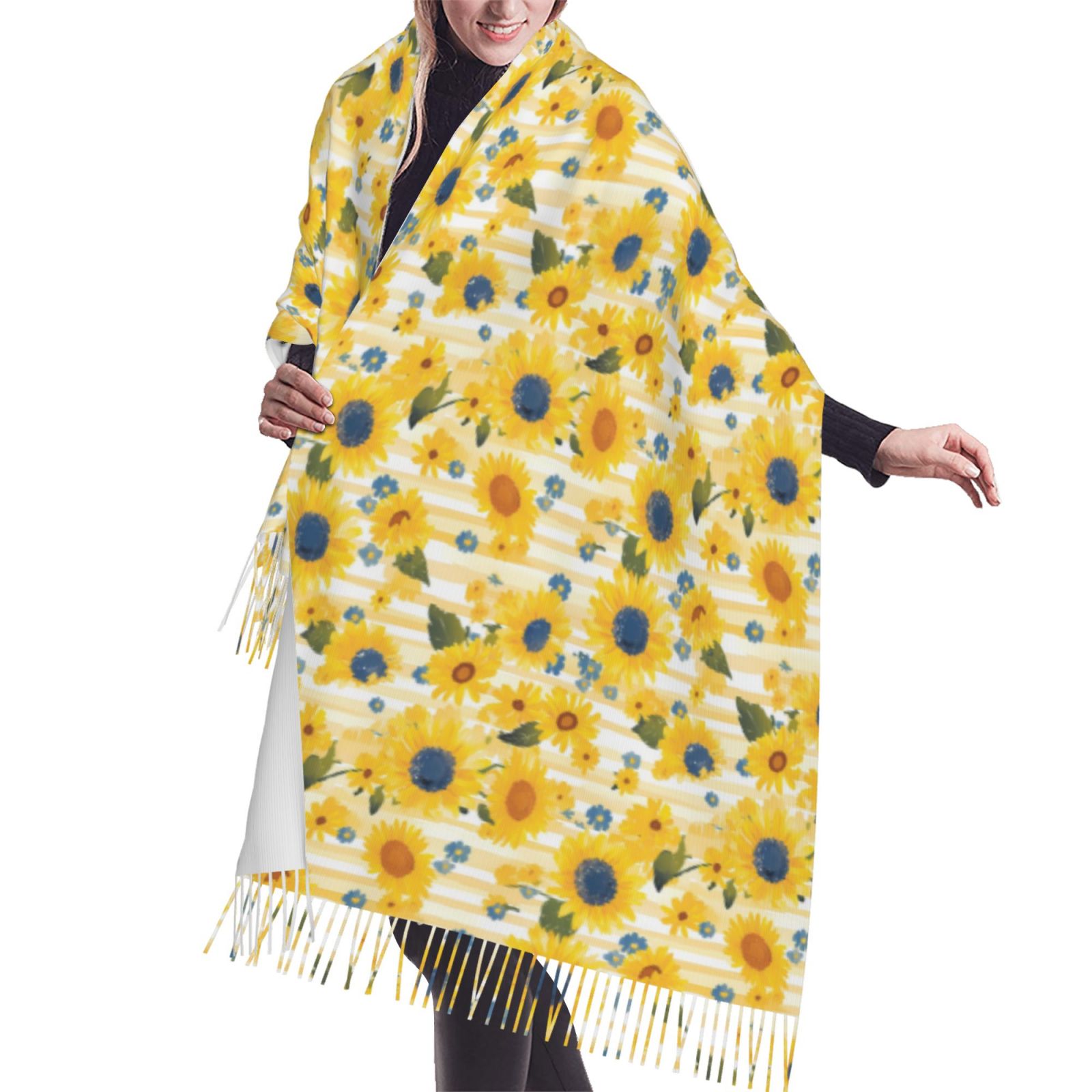 Scarf for Women - Blue Floral Sunflower Fashion Pashmina Long Shawl ...
