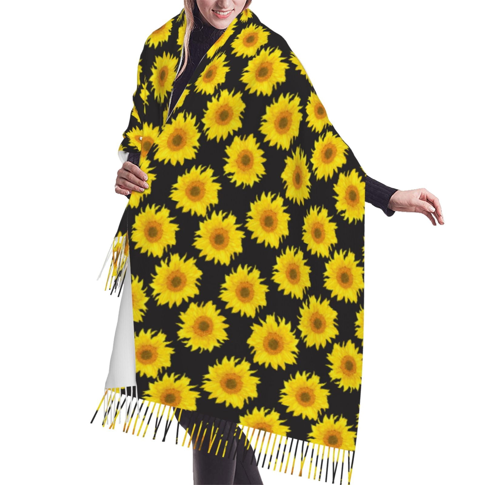 Scarf for Women - Bright sunflowers black Fashion Pashmina Long Shawl ...
