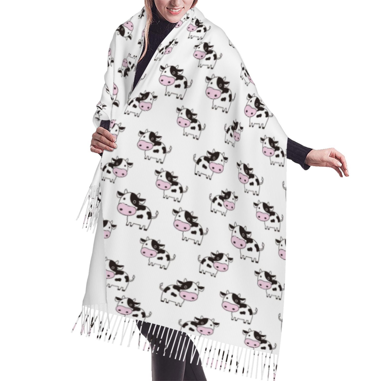 Scarf for Women - Cute Cartoon Cow Print White Fashion Pashmina Long ...