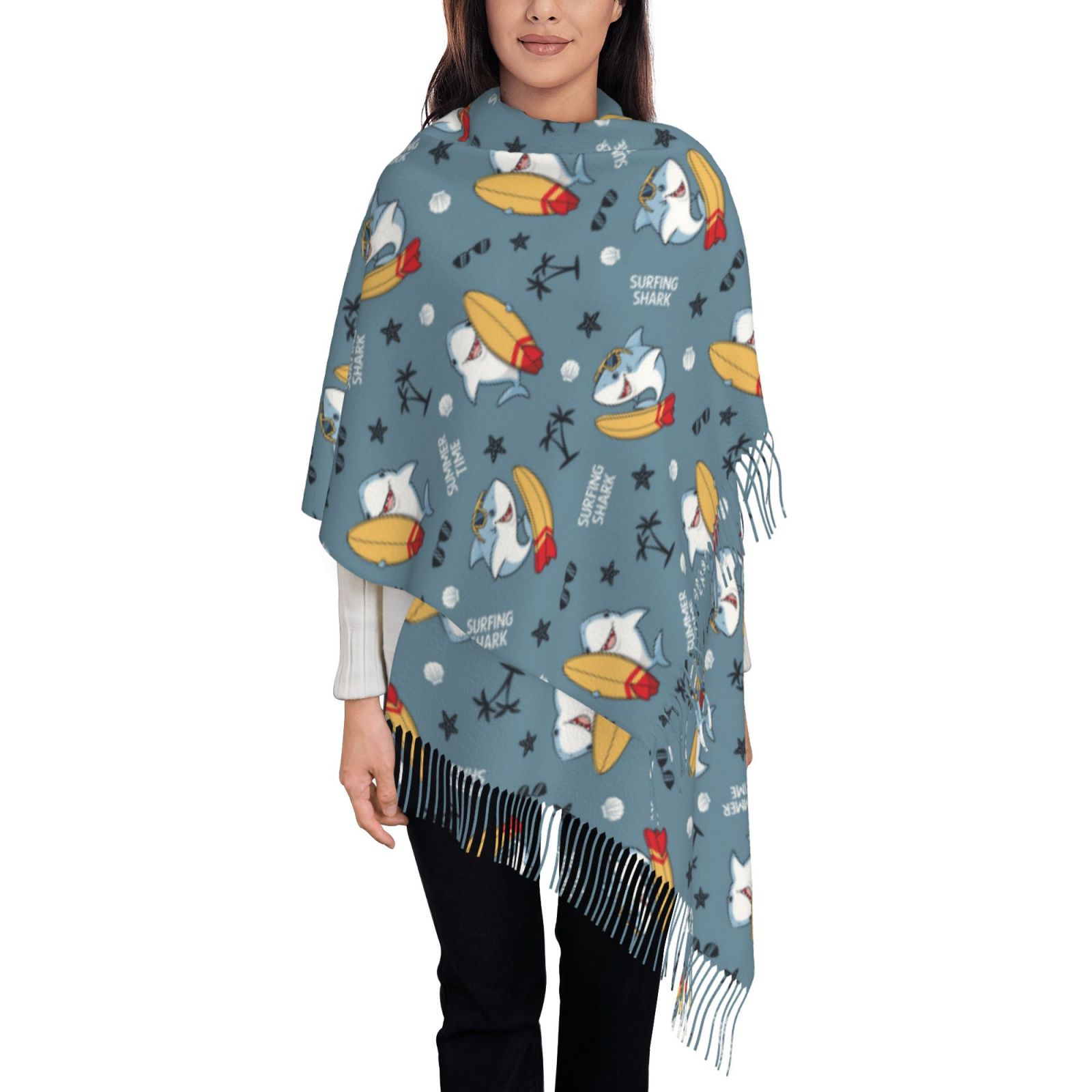 Scarf for Women - Cute Cartoon Surfer Shark Fashion Like Pashmina Long ...