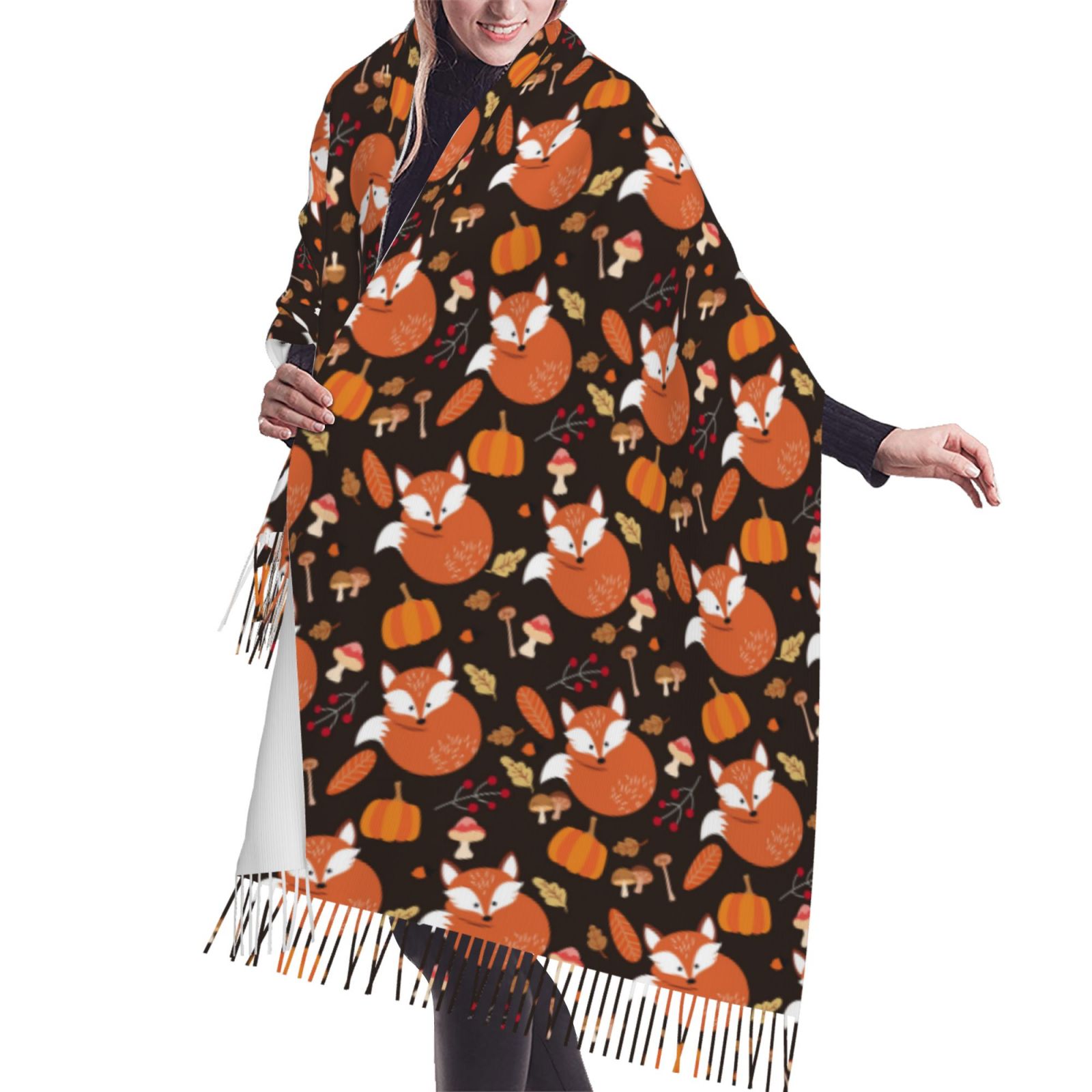 Scarf for Women - Fall Leaf Mushroom Fox Fashion Pashmina Long Shawl ...