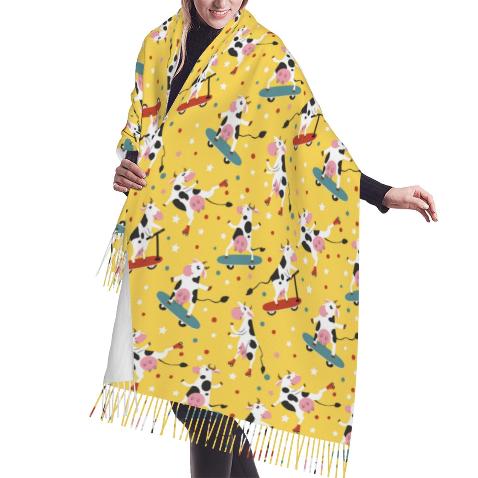 Scarf for Women - Funny Cute Cow Skateboard Cartoon Fashion Pashmina ...