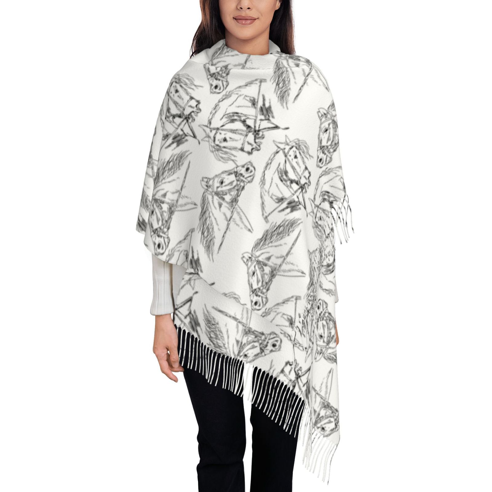 Scarf for Women - Hand Drawn Line Cute Horse Fashion Like Pashmina Long ...