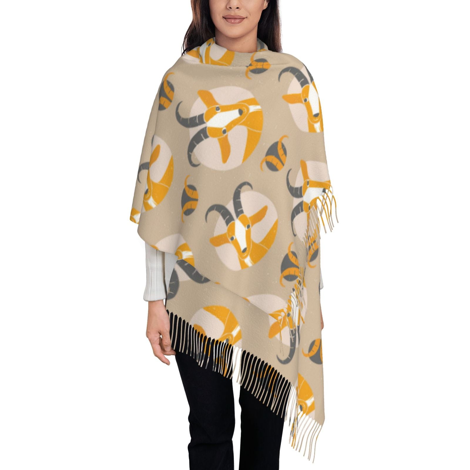 Scarf for Women - Hand Drawn Yellow Cute Goat Fashion Like Pashmina ...