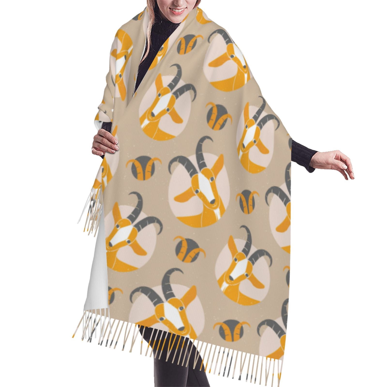 Scarf for Women - Hand Drawn Yellow Cute Goat Fashion Pashmina Long ...