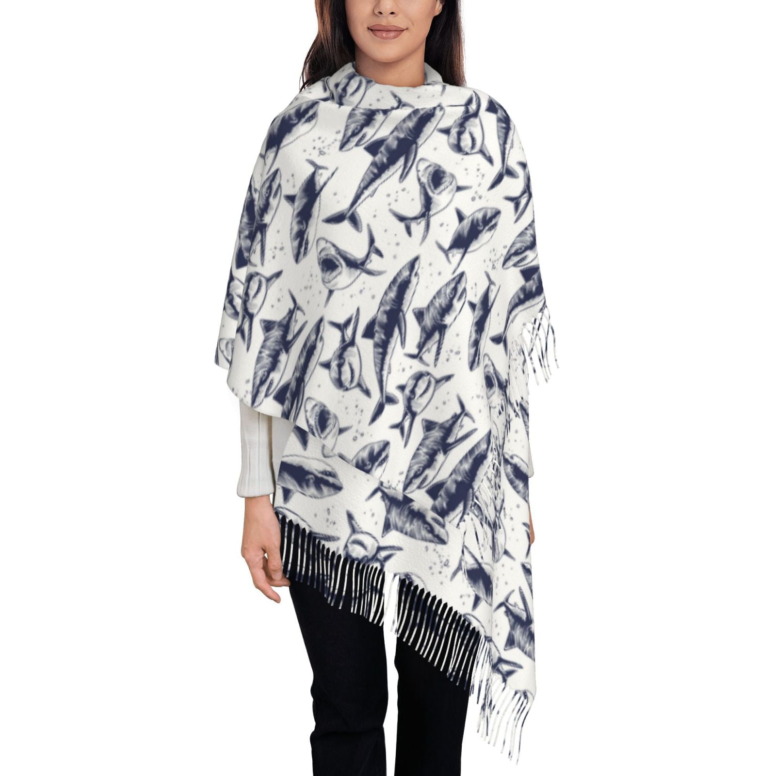 Scarf for Women - Hand drawn shark Fashion Like Pashmina Long Shawl ...