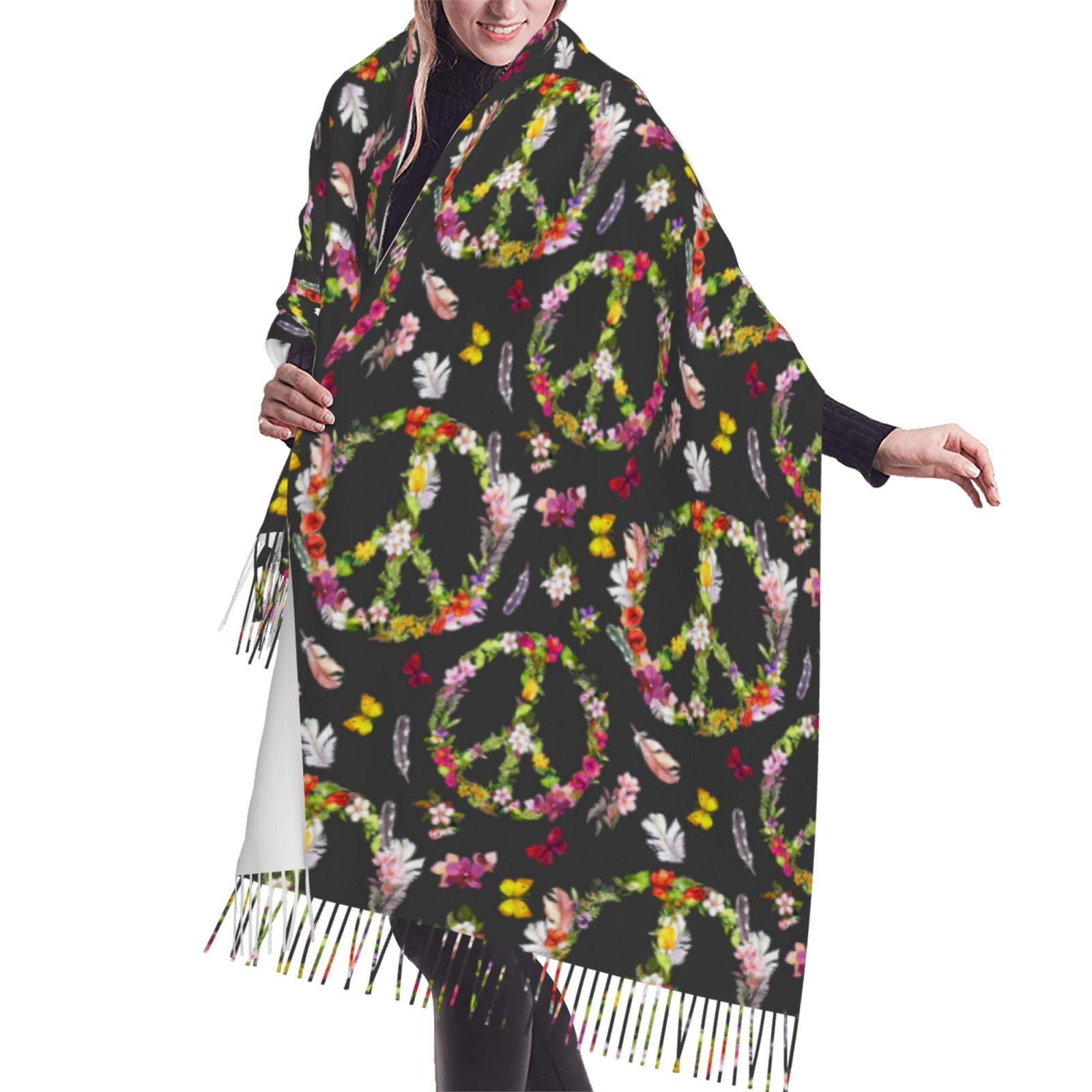 Scarf for Women - Peace sign flowers butterfly feathers Fashion ...
