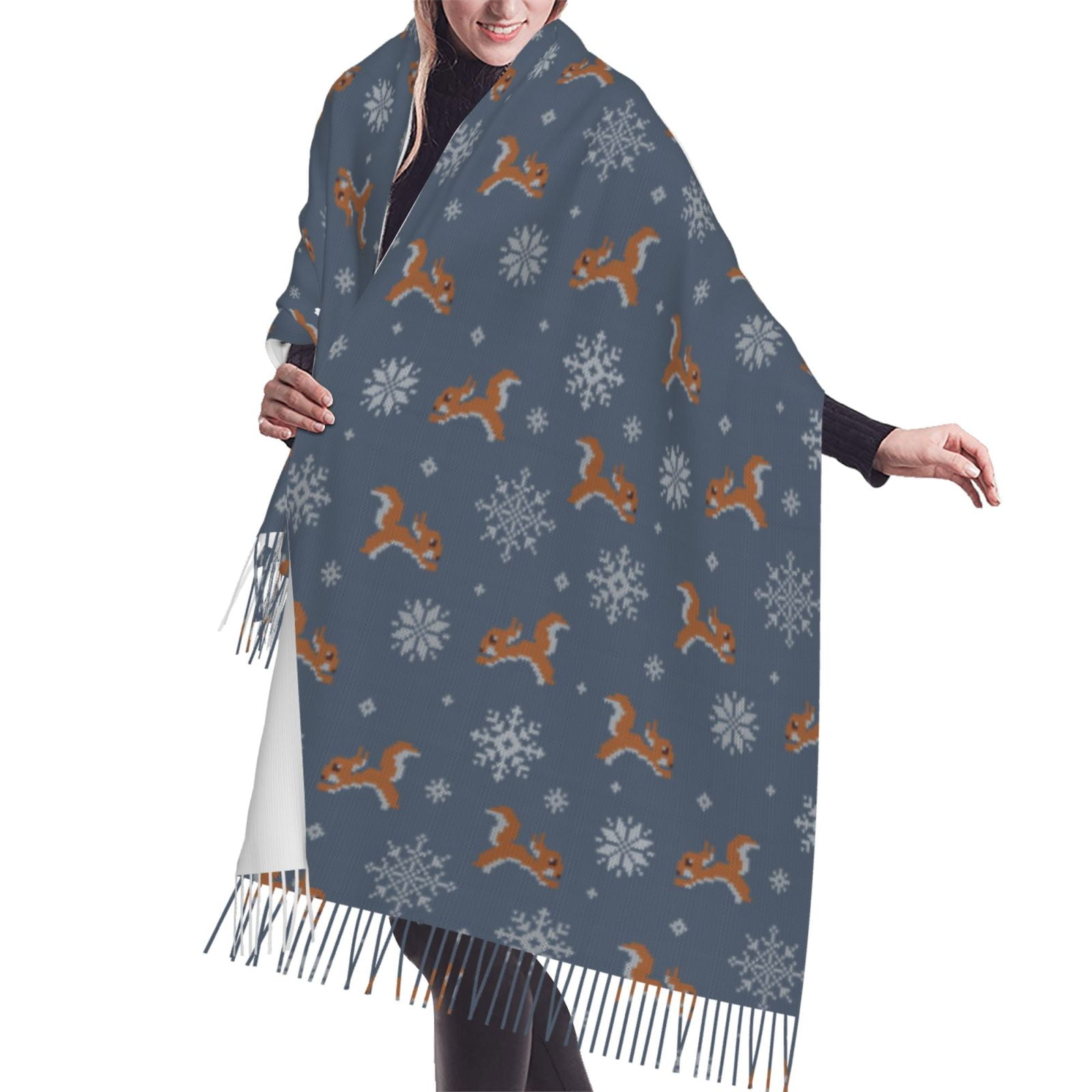 Scarf for Women Weaving Cute Squirrel Snowflake Warm Long Large Scarves ...