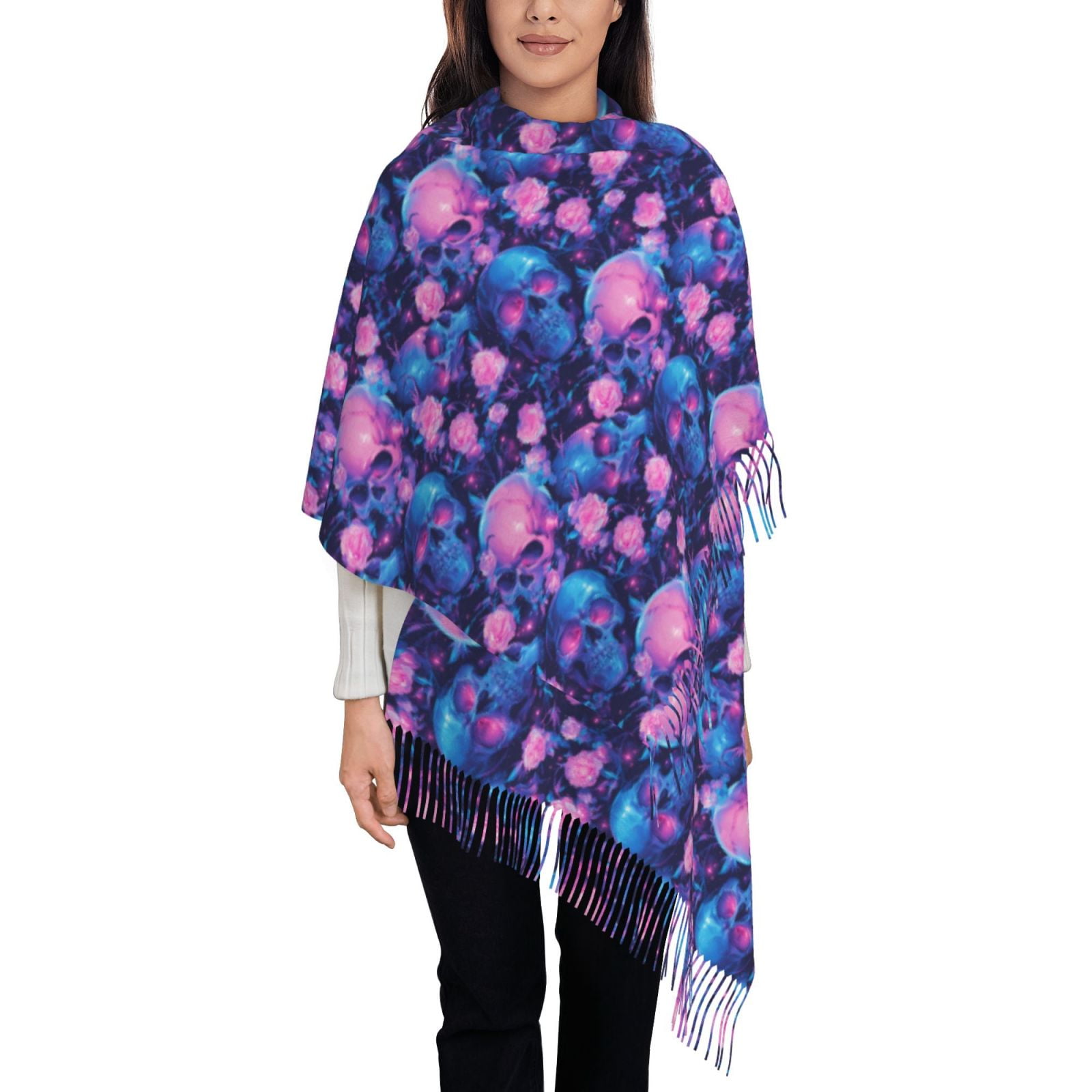Scarf for Women - blue Skull pink rose Fashion Like Pashmina Long Shawl ...