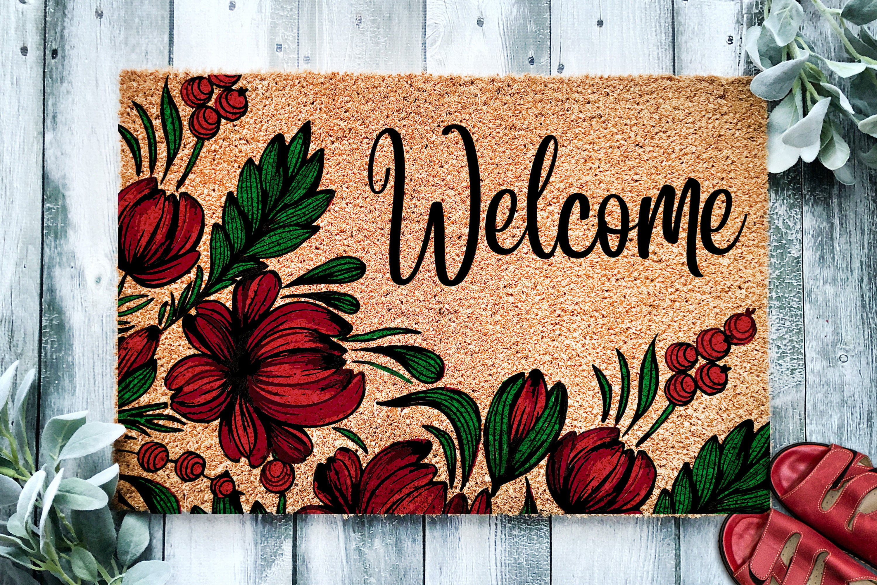 Scarlet Floral Welcome Door Mat | Red Flower Theme Doormat | Spring ...