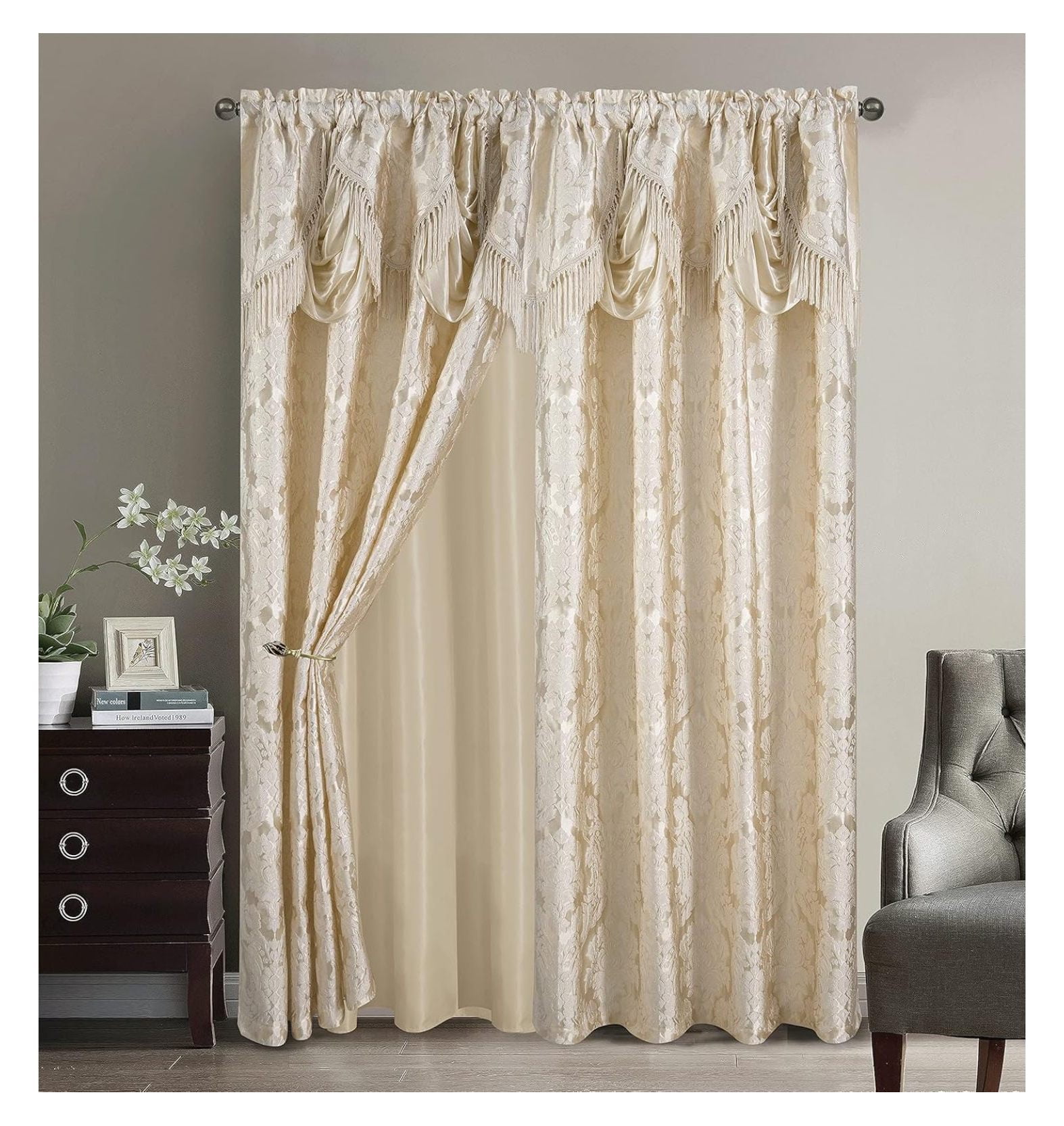 Scarlet Jacquard Window Drape Curtain Set - Attached Valance, Sheer ...