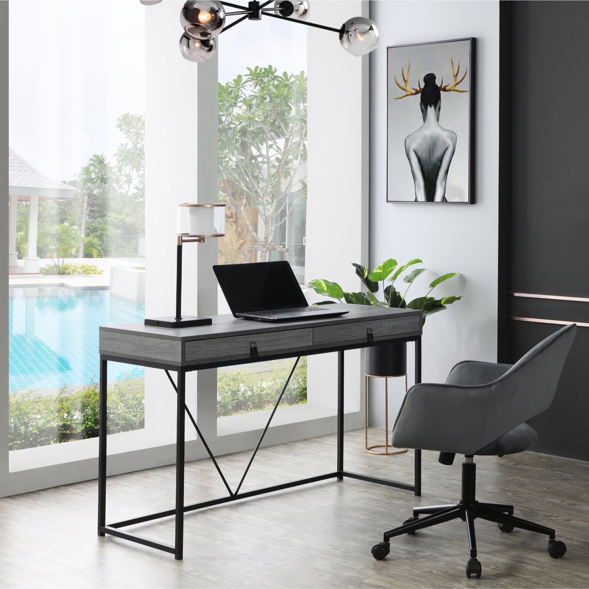 Scarlette Rectangular MDF Desk with 2 Storage Drawers, Grey/Black ...