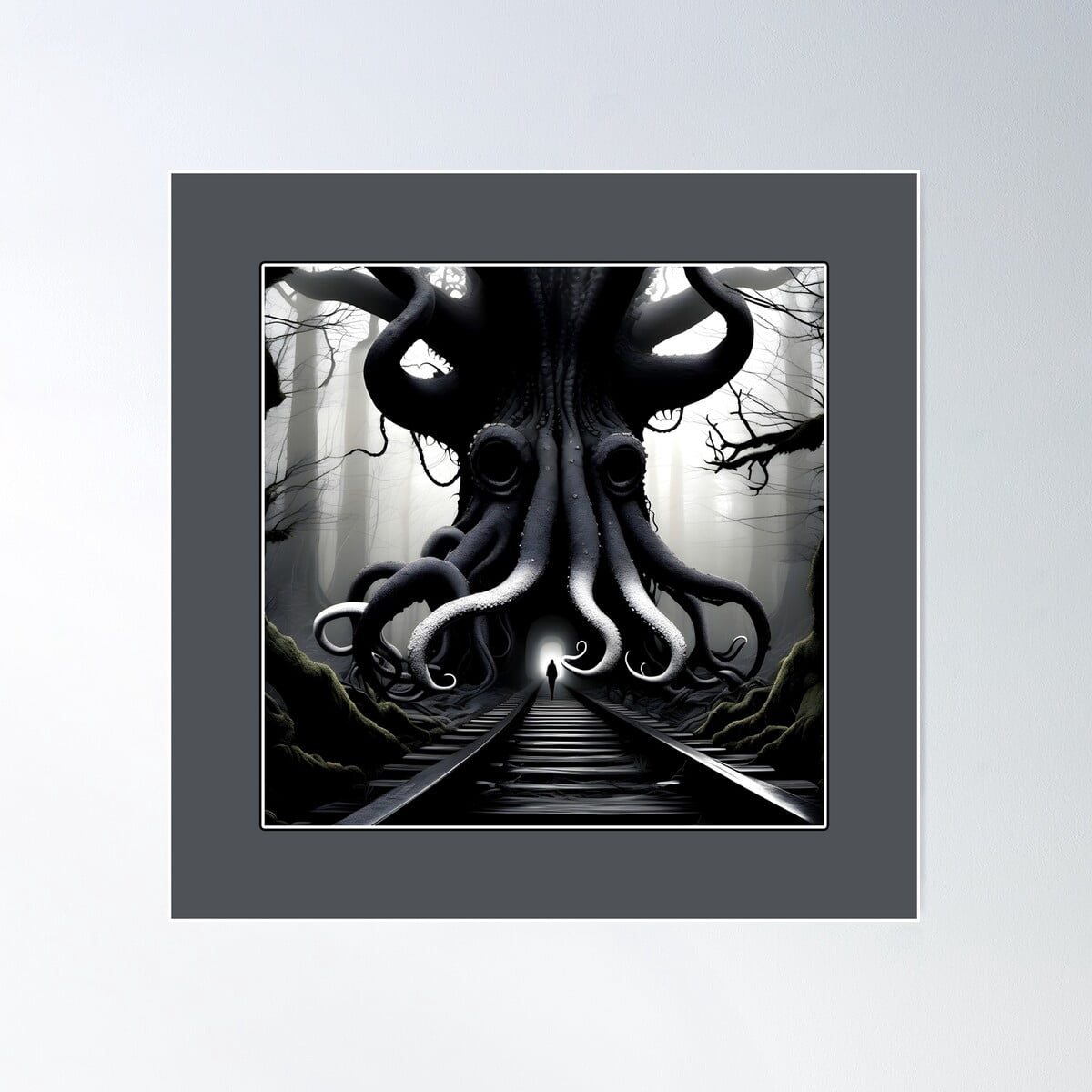 Scary Black And White Ai Art Train Tracks Sinister Journey Poster Wall ...