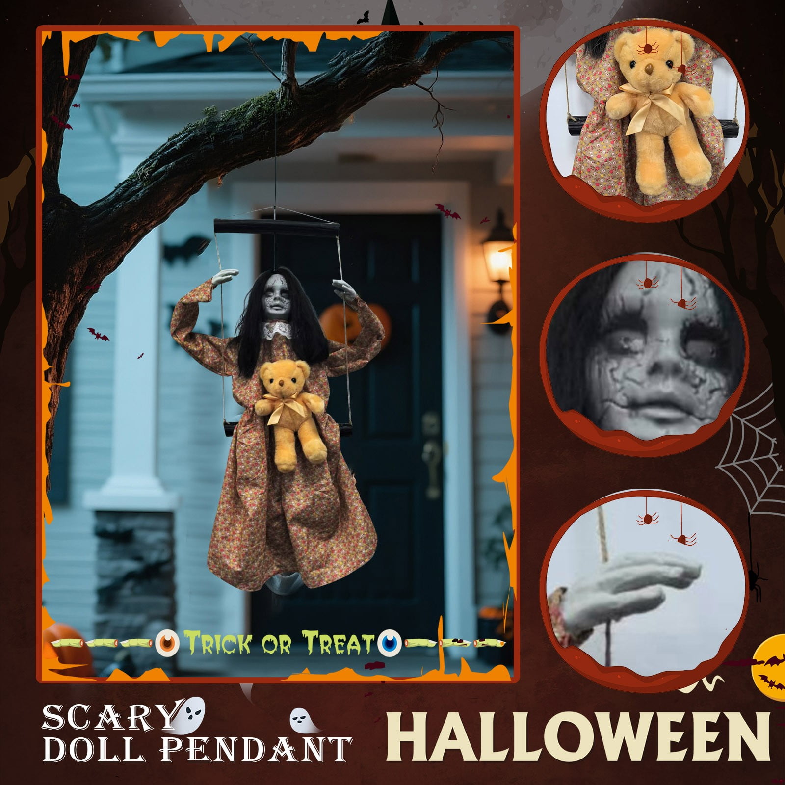 Scary Doll Pendant Halloween Decoration - Haunted Swing Girl with LED ...