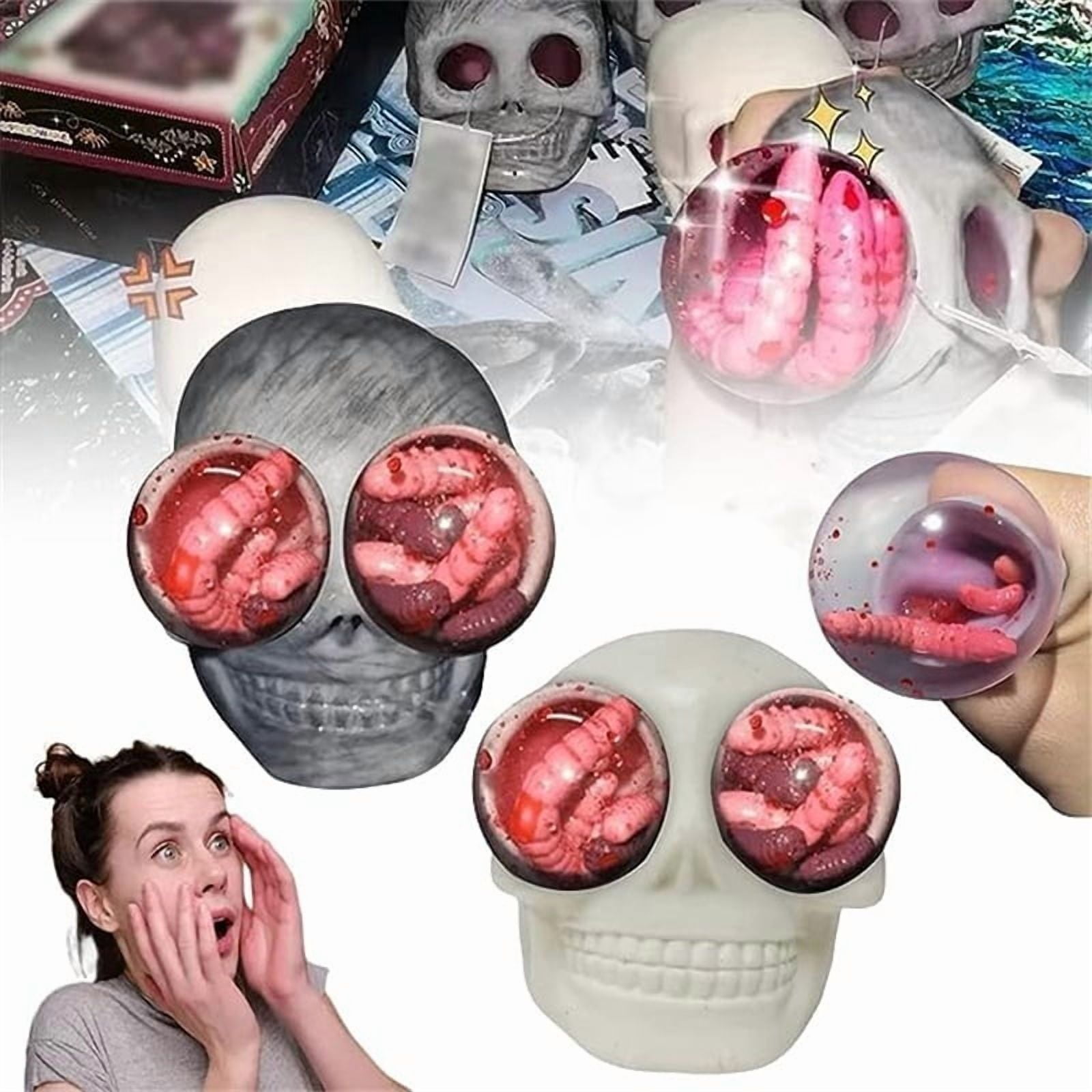 Scary Exploding Eye Skull Pinch Toy Creepy Halloween Stress Relief Skull with Popping Eyes and ...