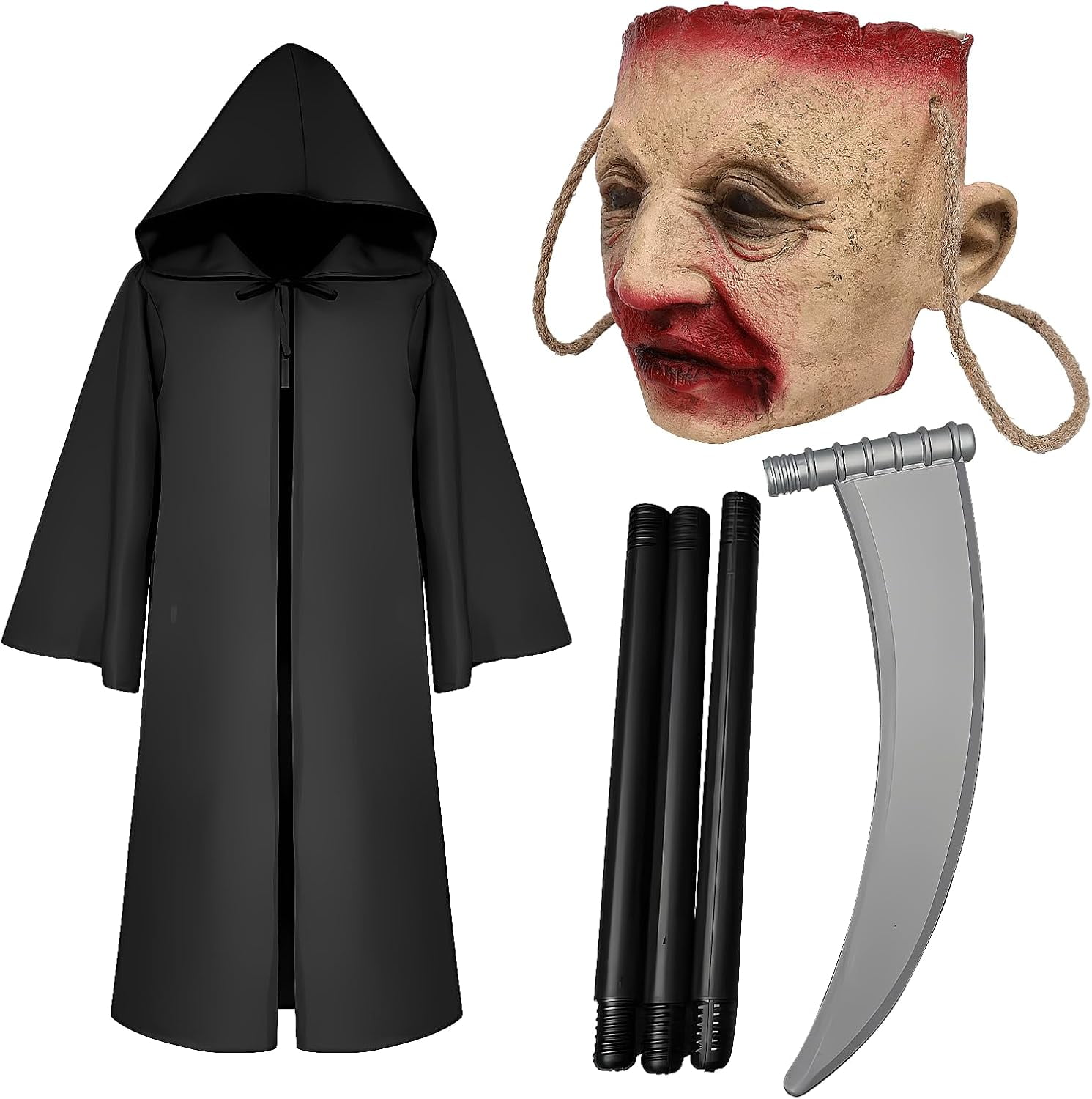 Scary Grim Reaper Halloween Costume Black Set for Adults Scythe, Head ...