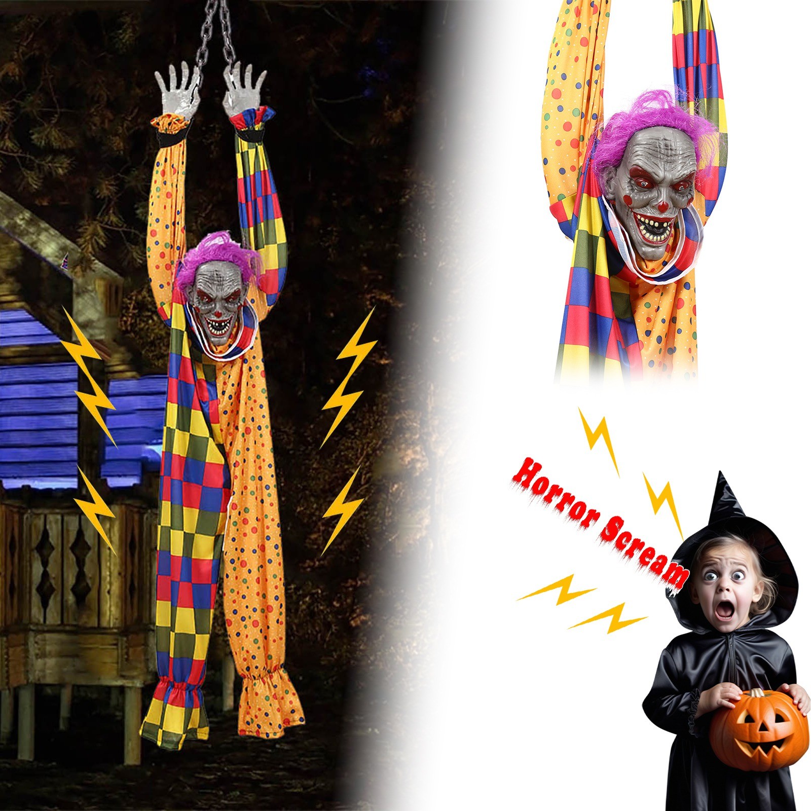 Scary Hanging Clown Decoration with Light Up Red Eyes Talking and ...