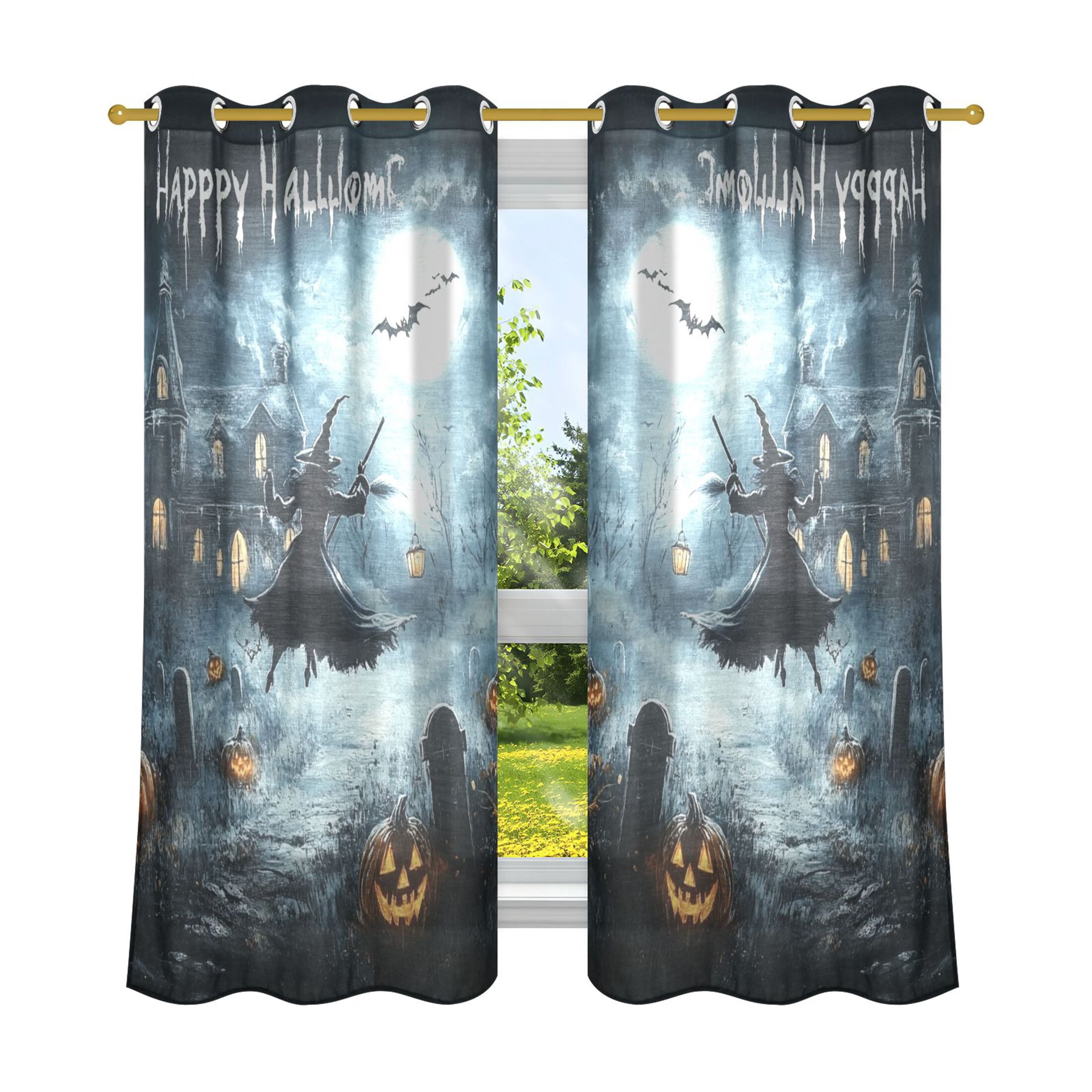 Scary Haunted House Semi Sheer Curtains for Living Room Bedroom Set of ...
