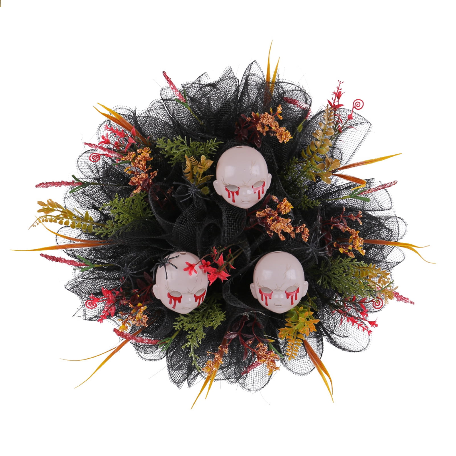Scary Skull Mesh Wreath Halloween Creepy Ghost Doll Heads Mesh Wreath ...