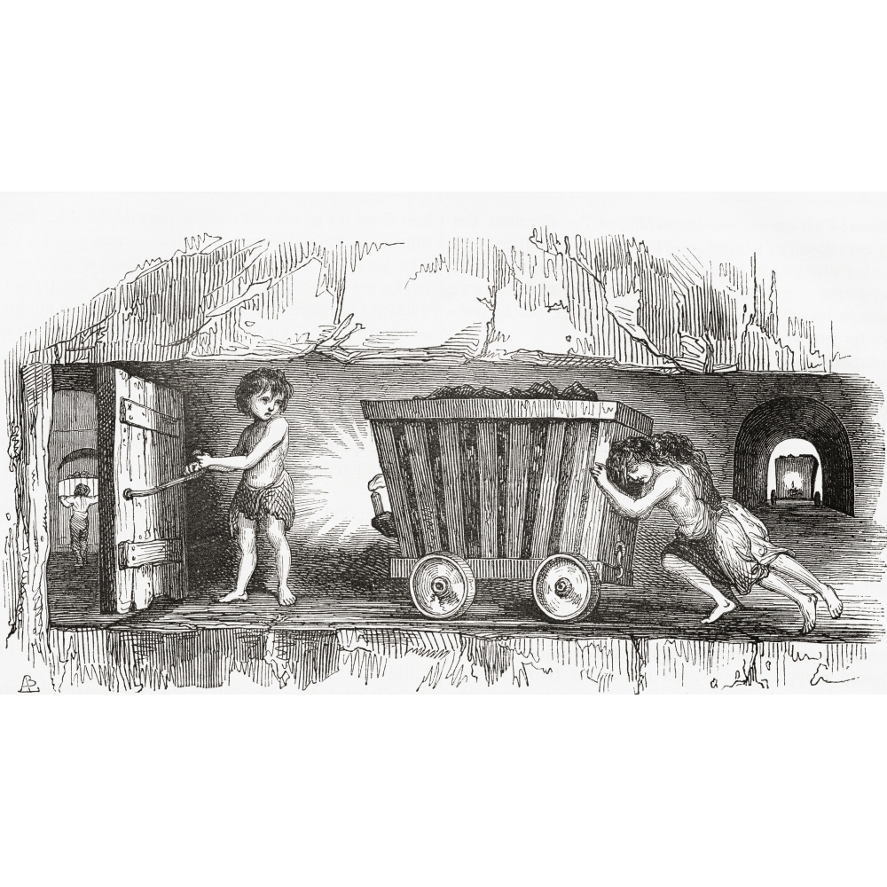 Scene inside an English coal mine early 19th century. Child labourers ...