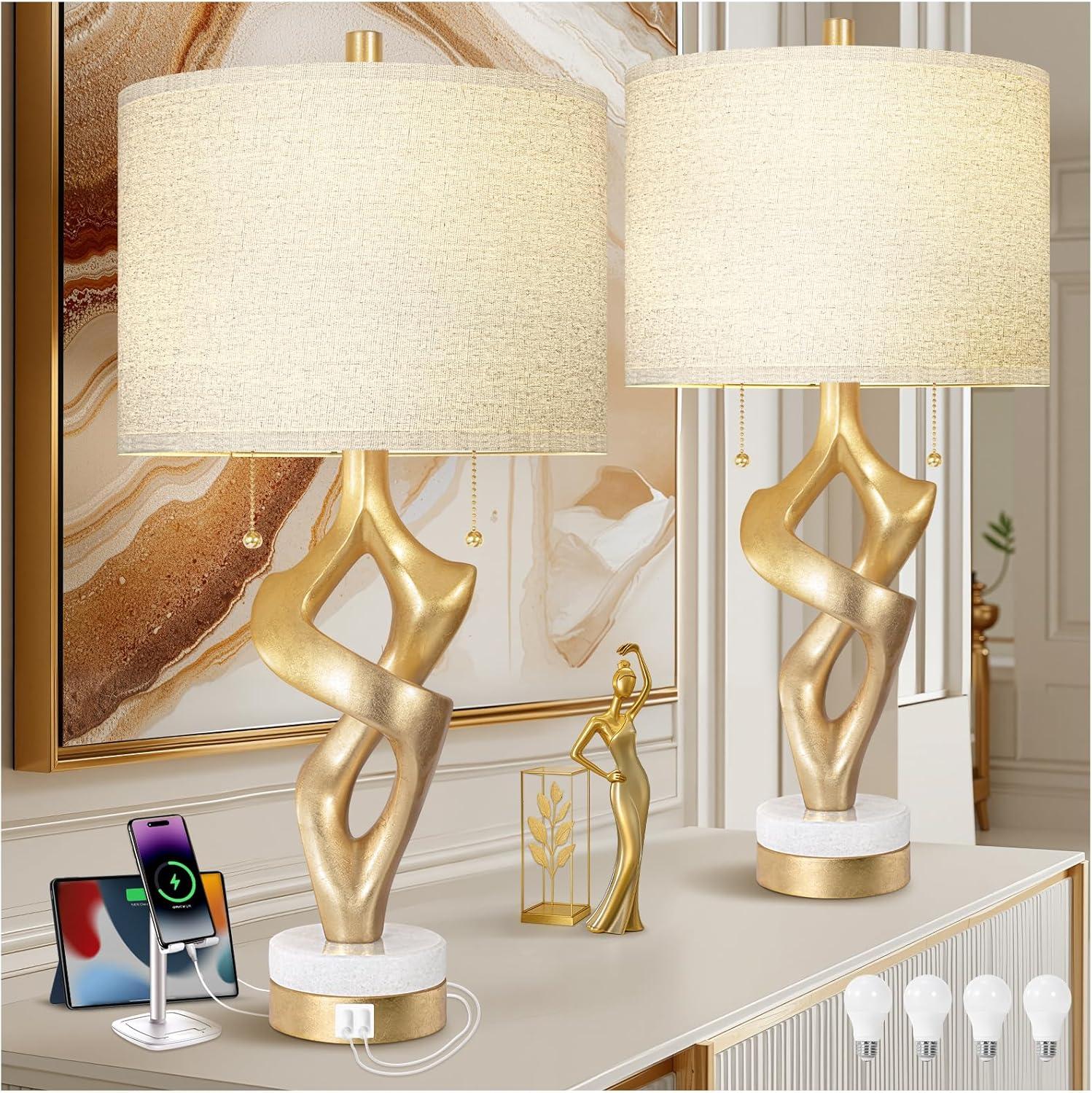 Scenekoy Sculptural Table Lamp Set of 2 with USB Ports for Bedroom ...