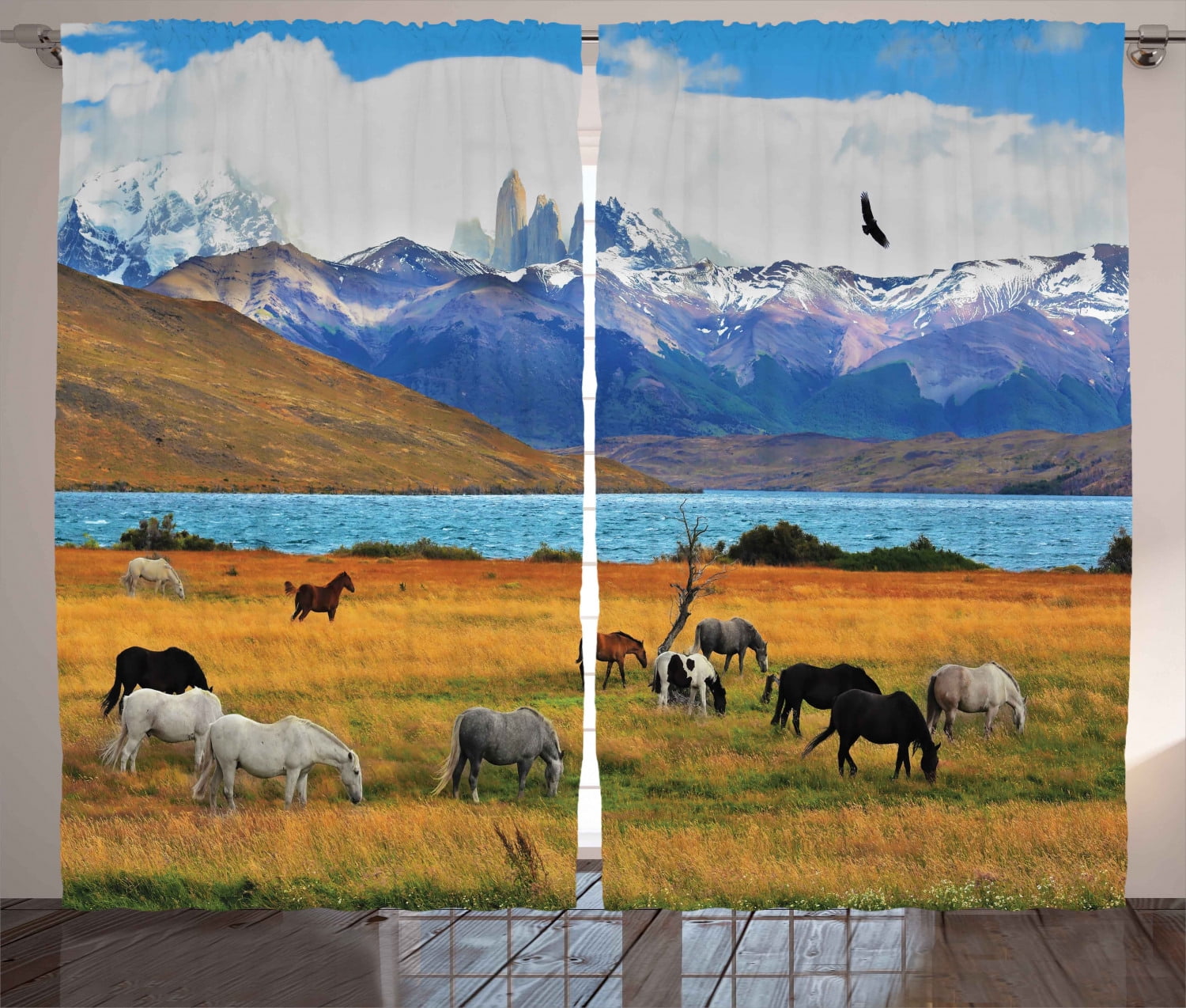 Ambesonne Scenery Curtains 2 Panel Set, Farm Horse in Mountain, 108" x ...
