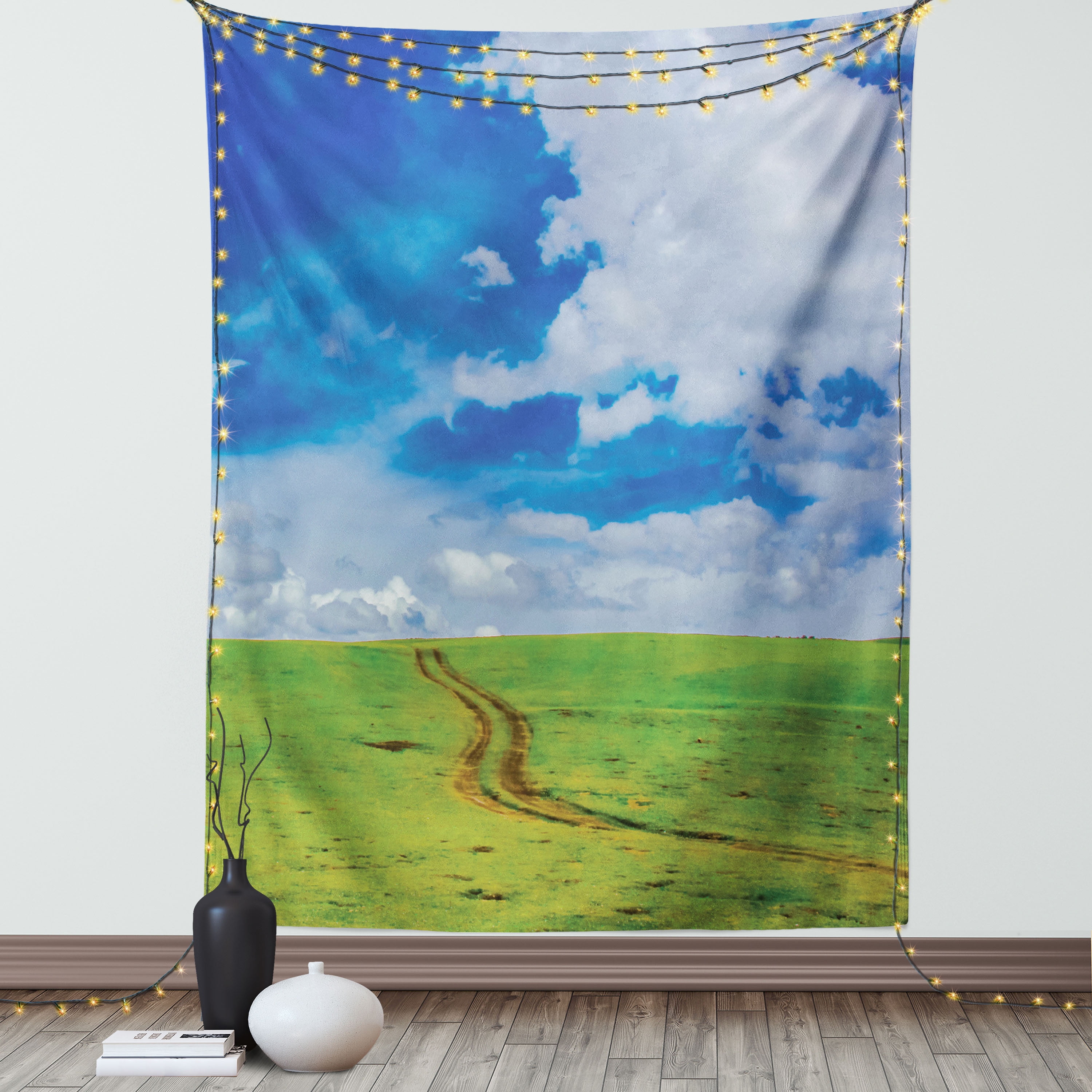 Scenery Decor Tapestry, Earth Path Road on Grass Field Plateau Rural ...