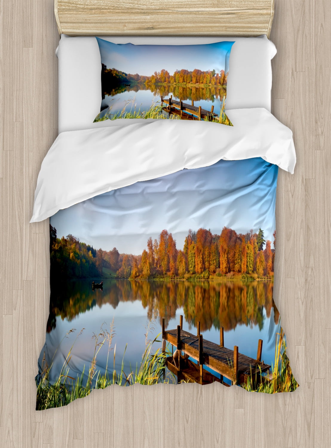 Scenery Duvet Cover Set Twin Size, Lake View Fishing Countryside Themed ...