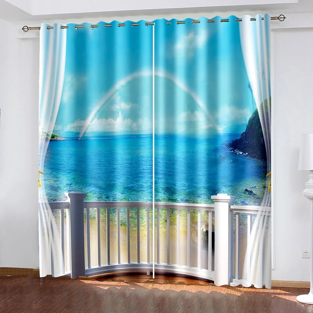 Scenery Outside The Window Woods Seaside Printed Curtains Living Room ...