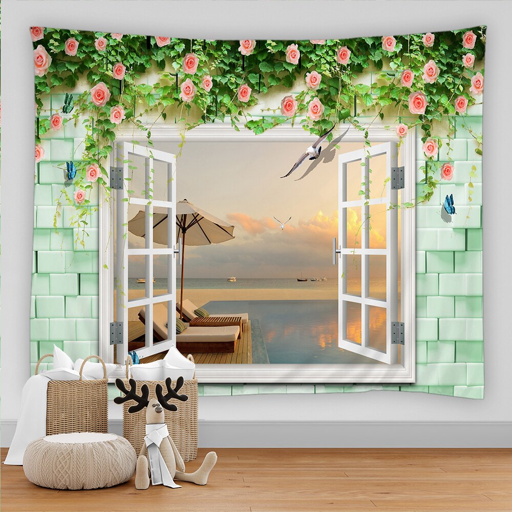 Scenery Outside the Window Tapestry Flower Green Plant Wall Hanging ...