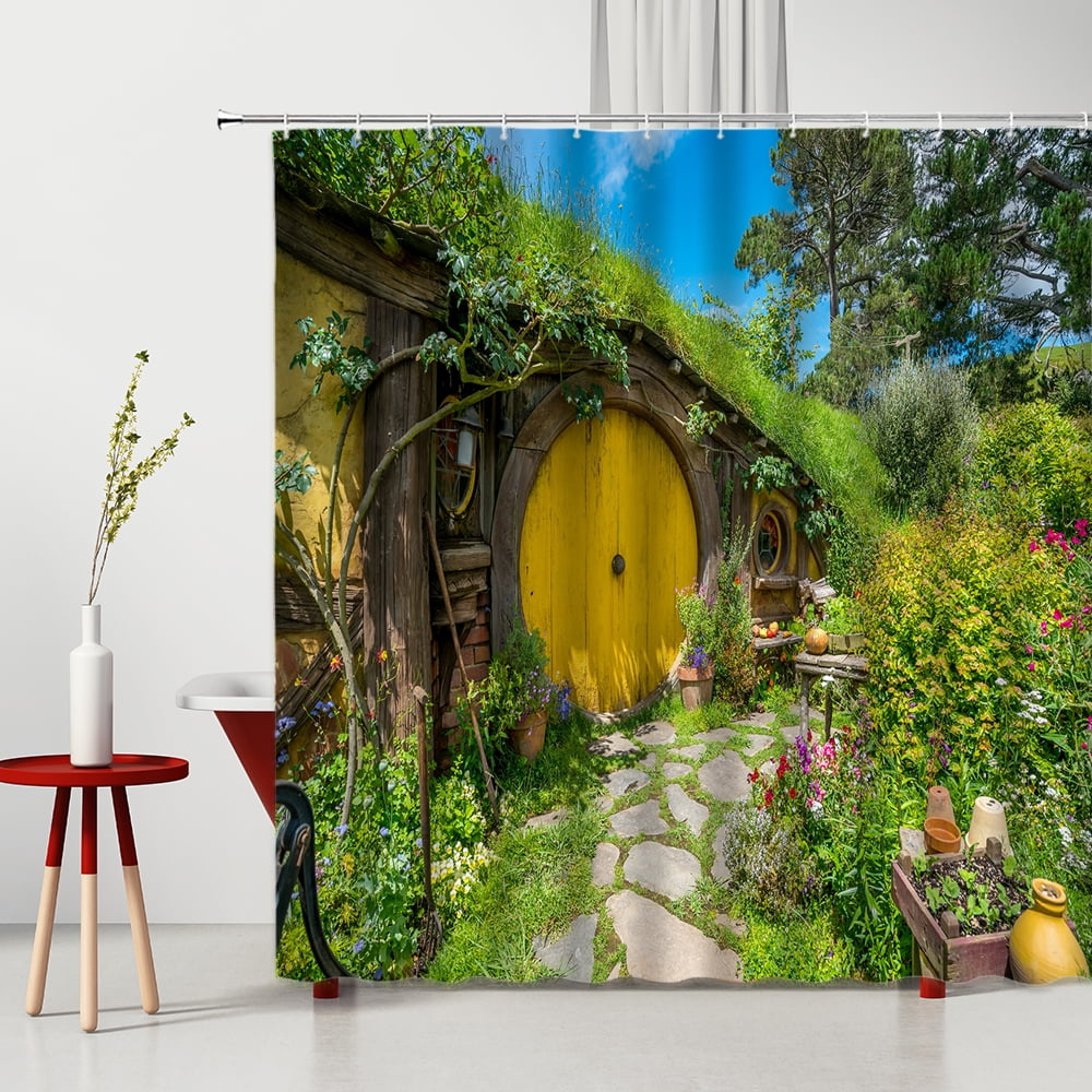 Scenery Shower Curtain Mountain Water Plum White-Crane Lotus green ...