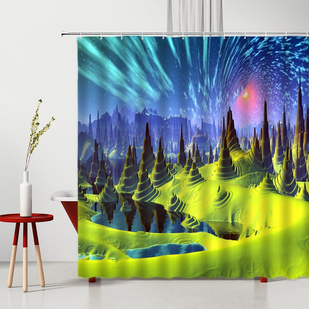 Scenery Shower Curtain Mountain Water Plum White-Crane Lotus green ...