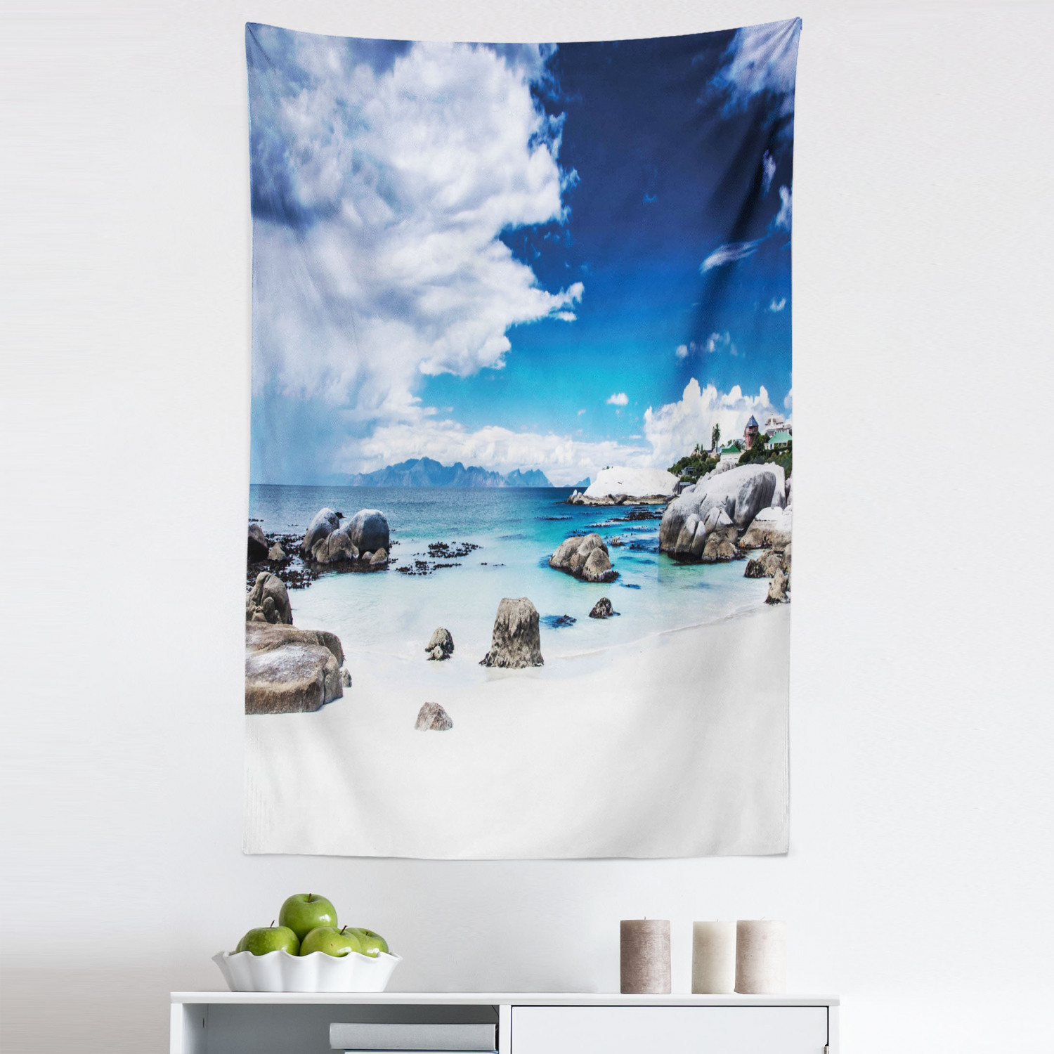 Scenery Tapestry, Ocean Seascape Peaceful Beach with Rocks and Cloudy ...