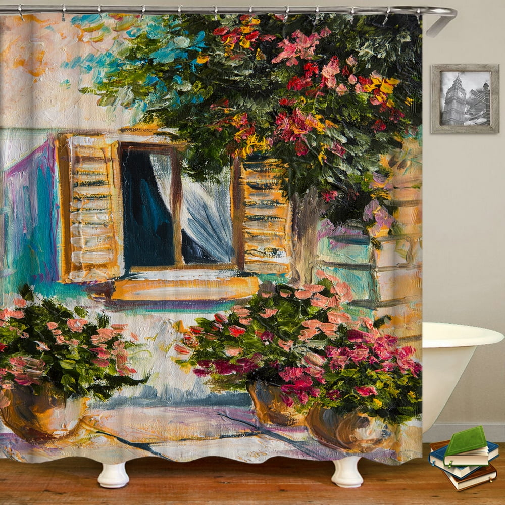 Scenery Waterproof Shower Curtains Flowers Trees Oil Painting Bathroom ...