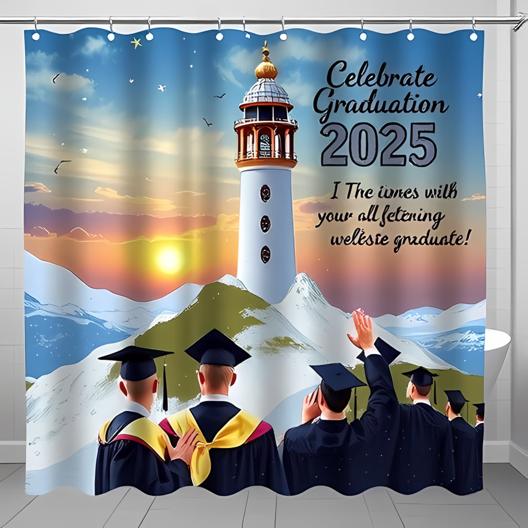 Scenic Graduation Shower Curtain - Vibrant Mountain and Lighthouse ...