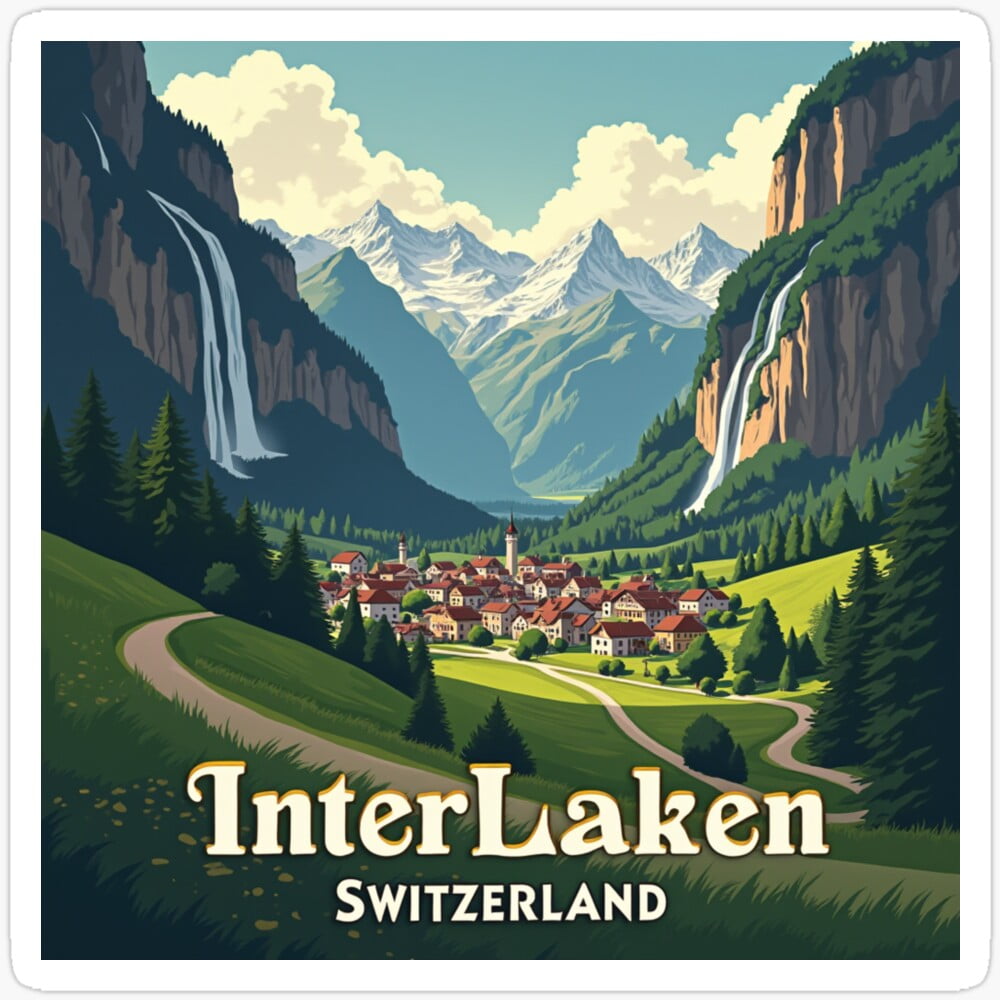 Scenic Interlaken Travel Poster Sticker Phone Decal Water Bottle ...