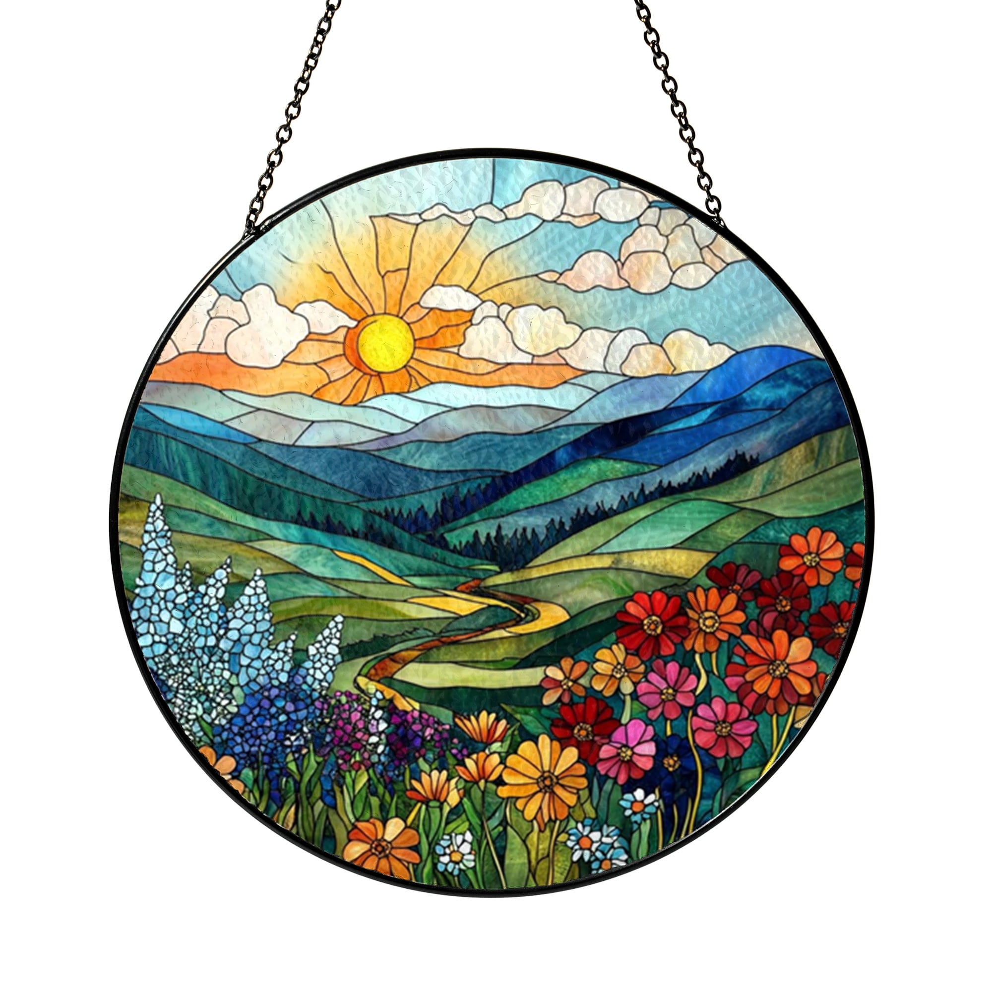 Scenic Mountain Flower Field Stained Glass Window Hanging, Decorative ...