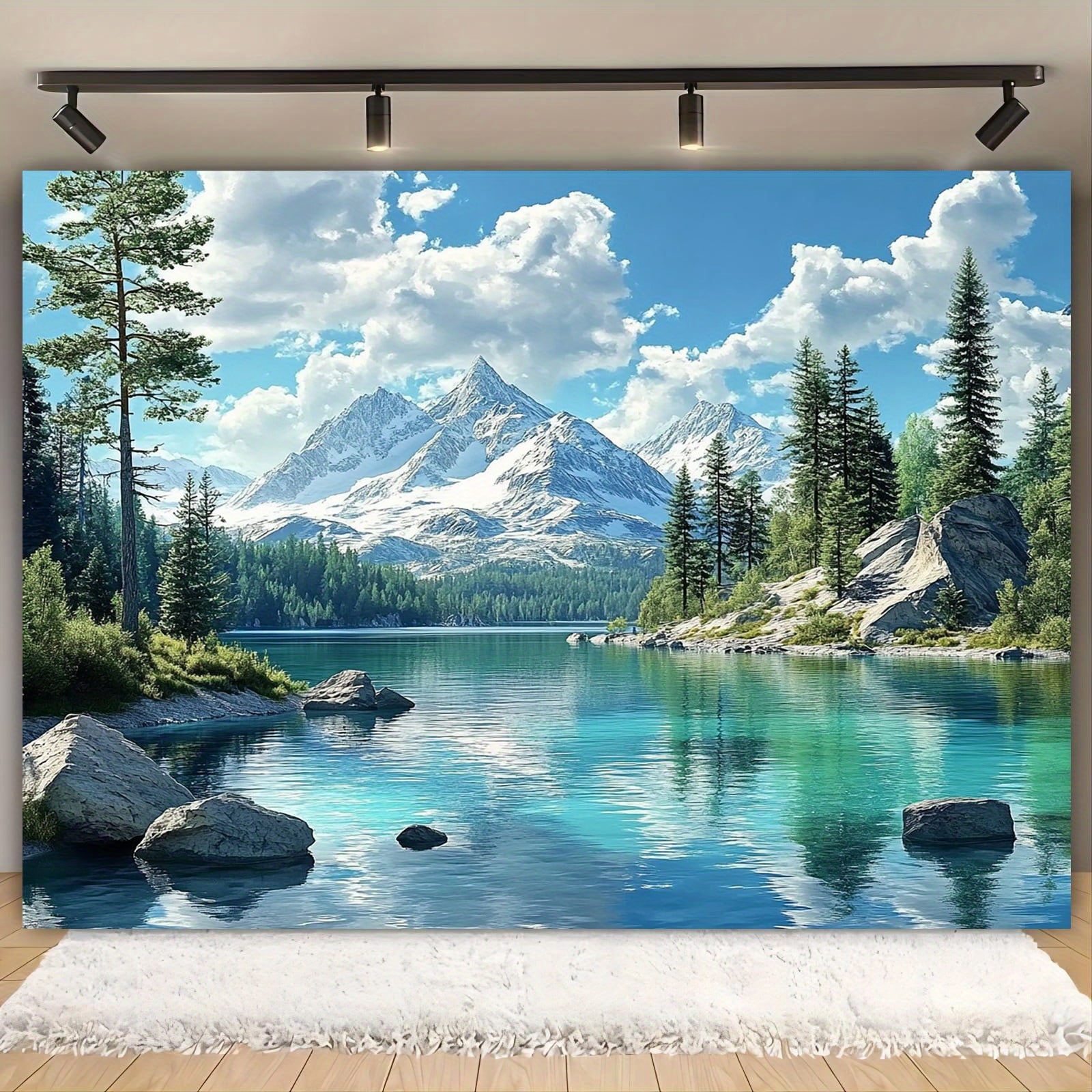 Scenic Mountain Lake Backdrop Snow Mountains Pine Trees Nature ...