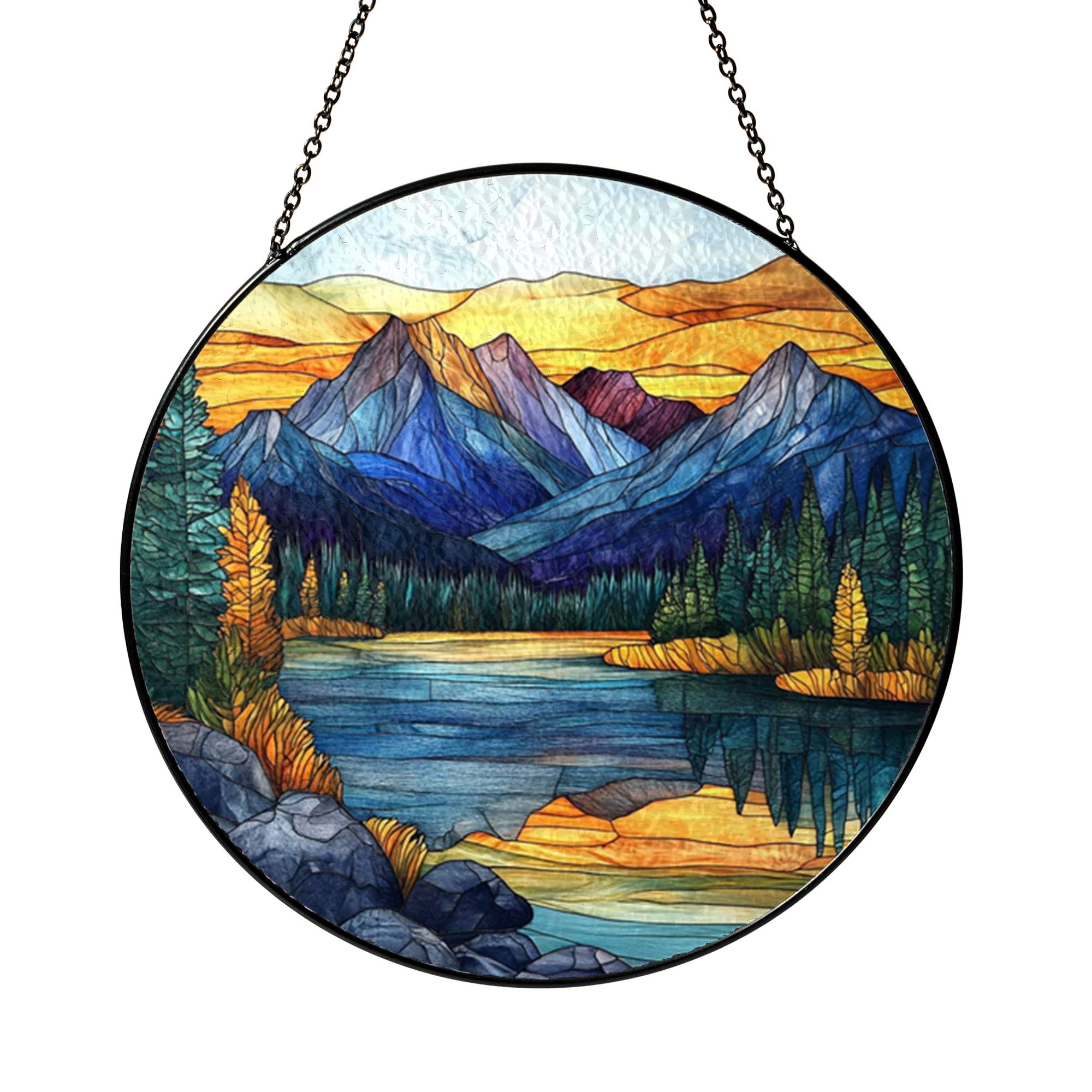 Scenic Mountain Lake Stained Glass Suncatcher – Decorative Landscape ...