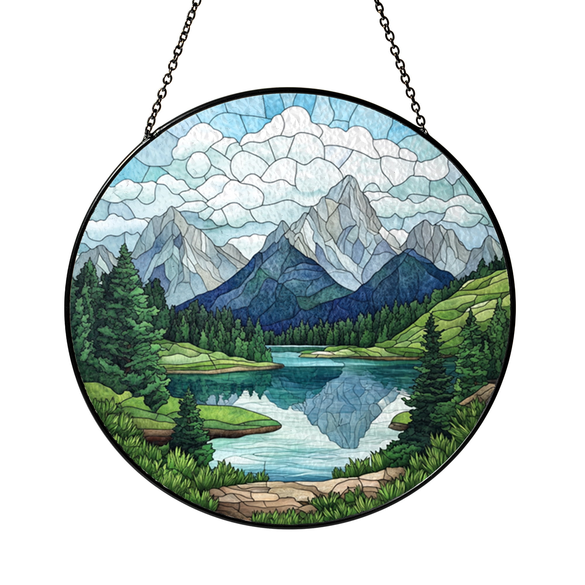 Scenic Mountain Lake Stained Glass Suncatcher, Nature Valley Window ...