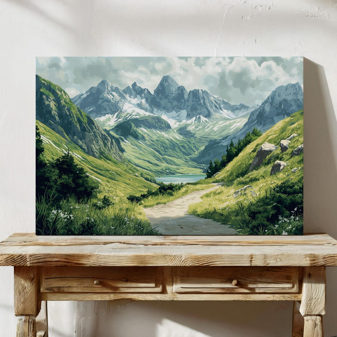 Scenic Mountain Path Print – Lush Valley, Snowy Peaks, Nature Landscape ...