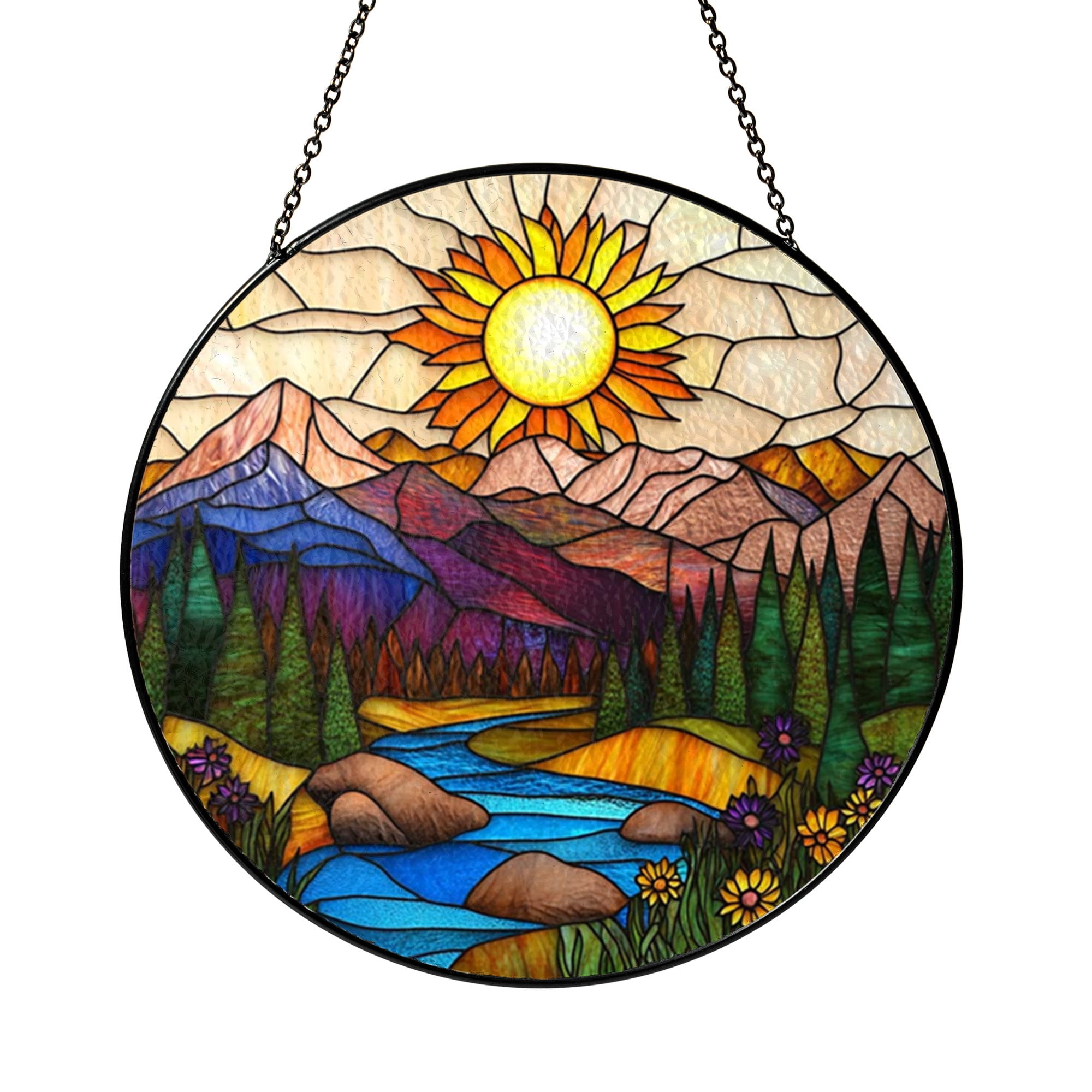 Scenic Mountain River Glass Suncatcher Panel, Stained Glass Style ...