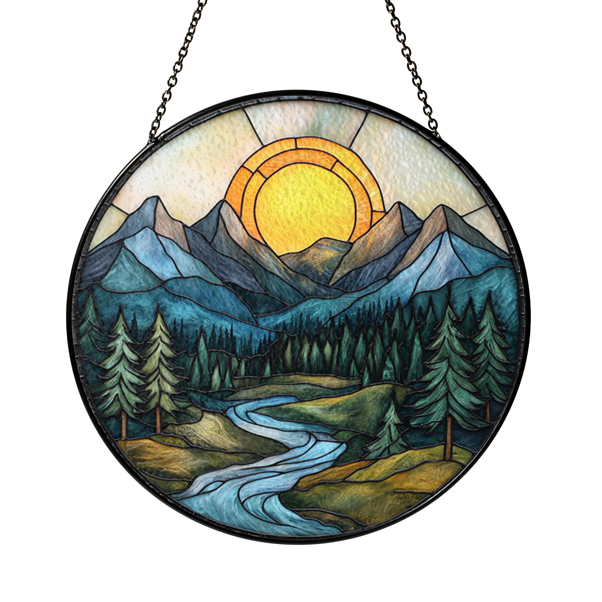 Scenic Mountain and Forest River Stained Glass Style Suncatcher Panel ...